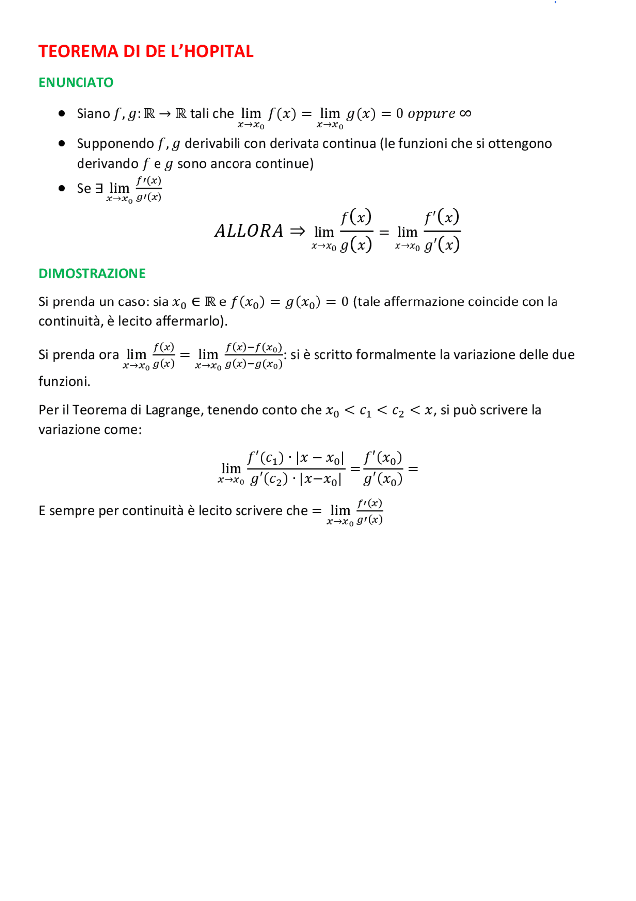 Teorema di De l'Hopital: enunciato e dimostrazione | Appunti di ...