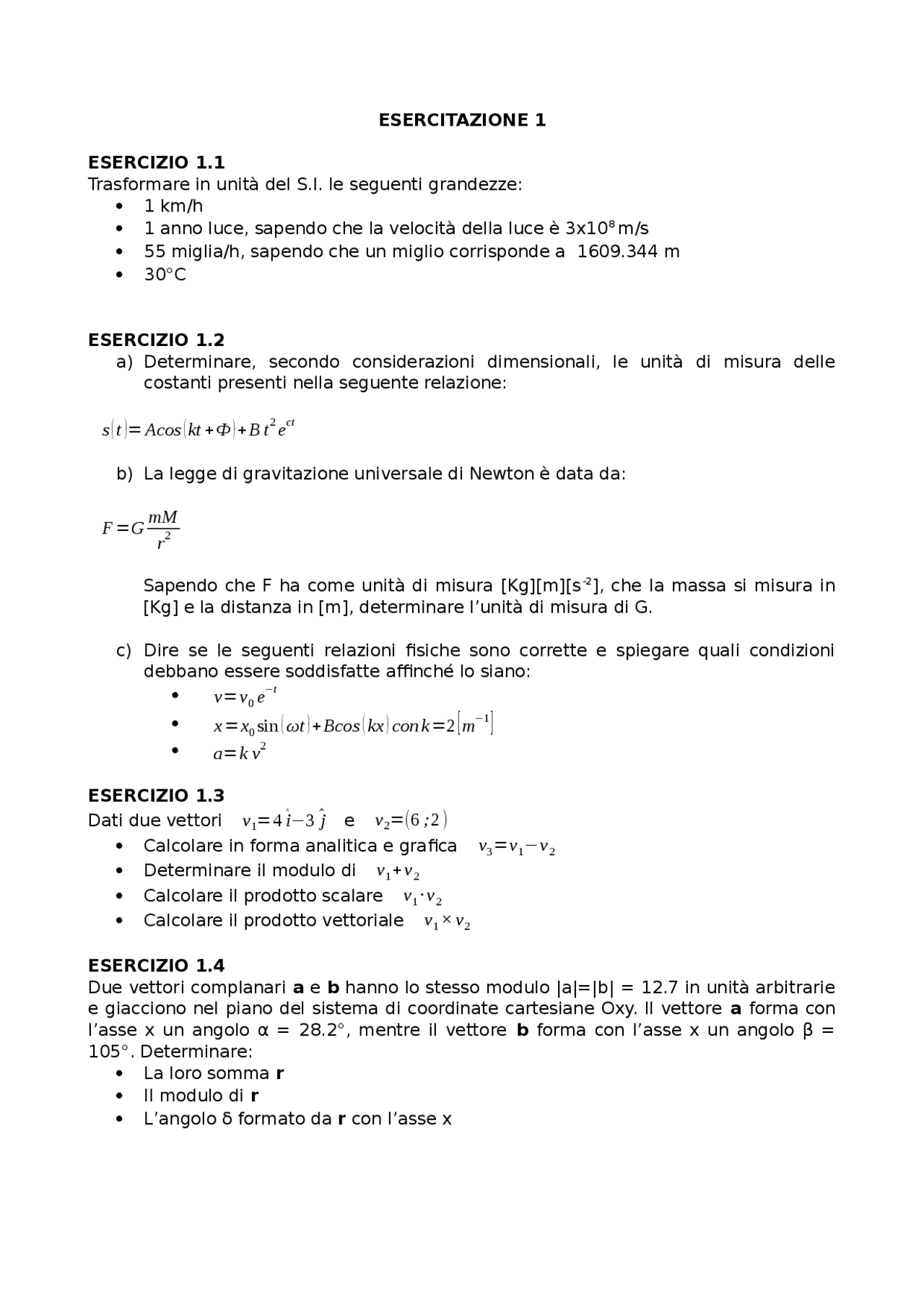 Esercizi Di Fisica Sperimentale Esercizi Di Fisica Sperimentale Docsity