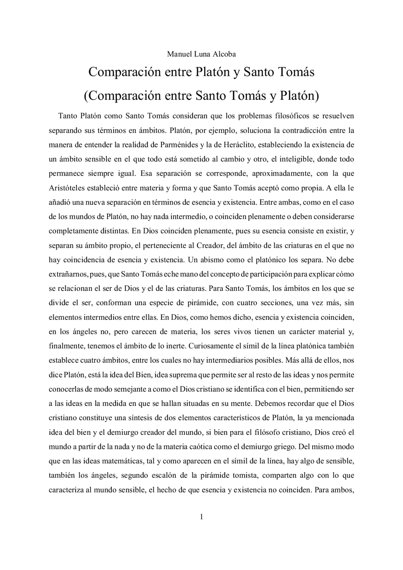 Comparación Entre Platón Y Santo Tomás Exámenes Selectividad De