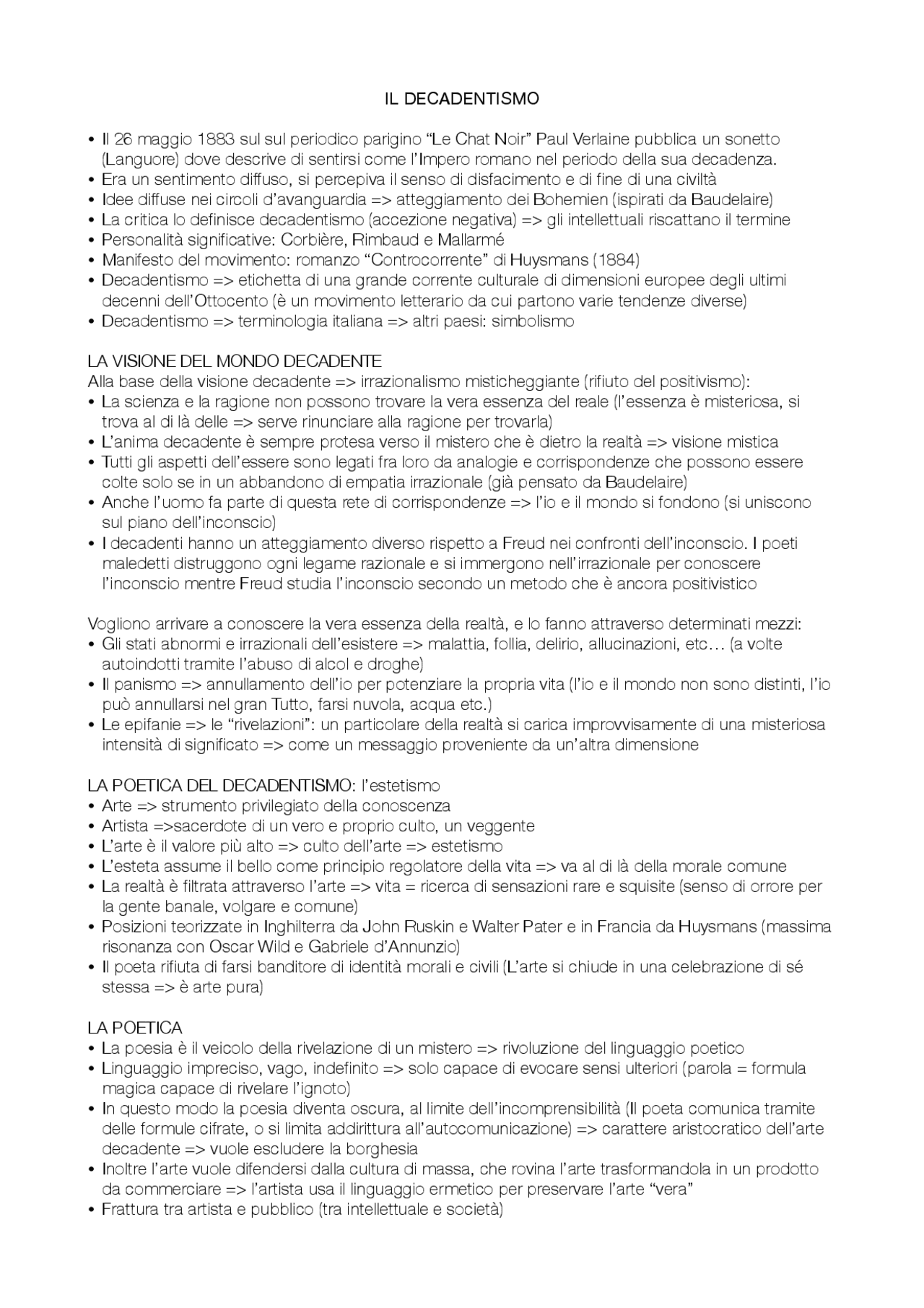 IL DECADENTISMO (TEMI, LINGUAGGIO, POETICA) | Schemi e mappe ...