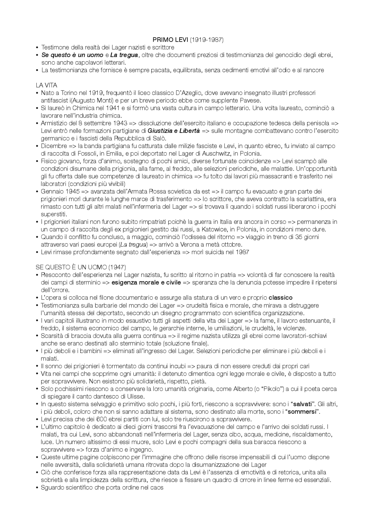 VITA E OPERE DI PRIMO LEVI | Schemi e mappe concettuali di Italiano ...