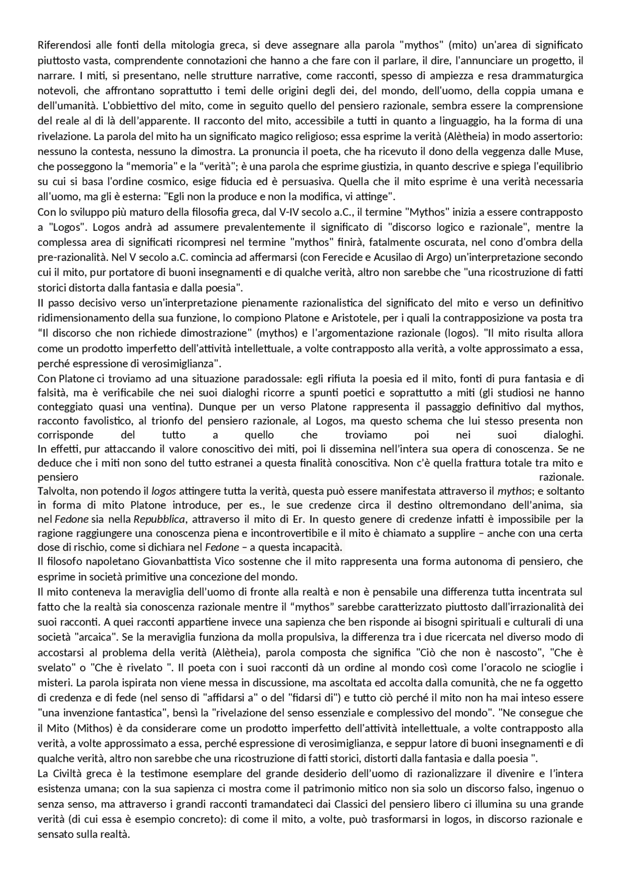 Riassunto mito e logos | Schemi e mappe concettuali di Filosofia | Docsity