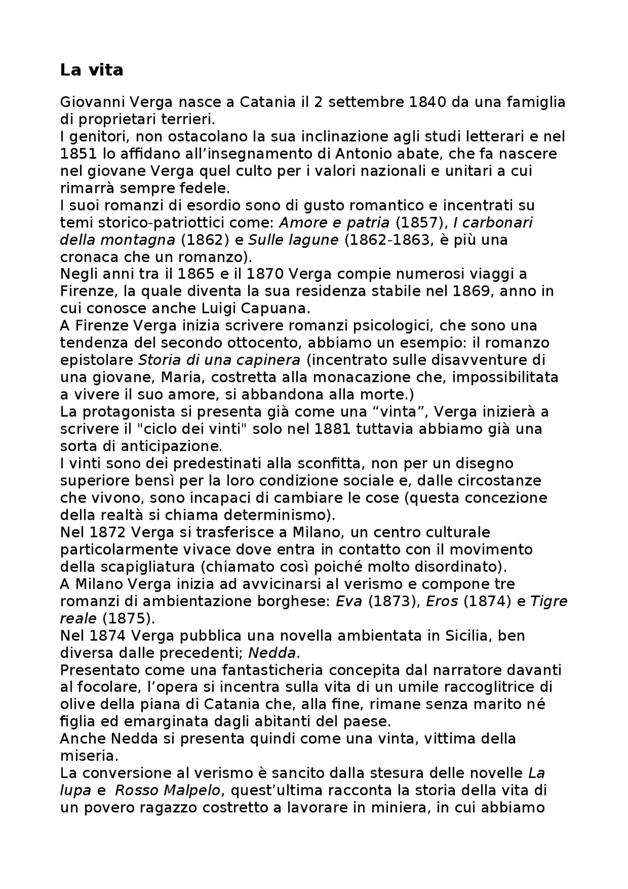 Giovanni Verga - vita e opere | Appunti di Italiano | Docsity