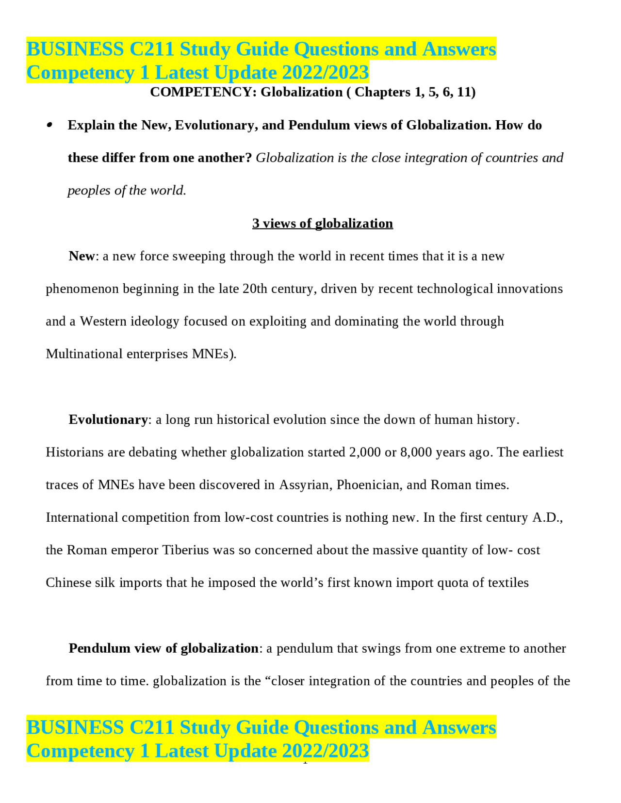 BUSINESS C211 Study Guide Questions and Answers Competency 1 Latest ...