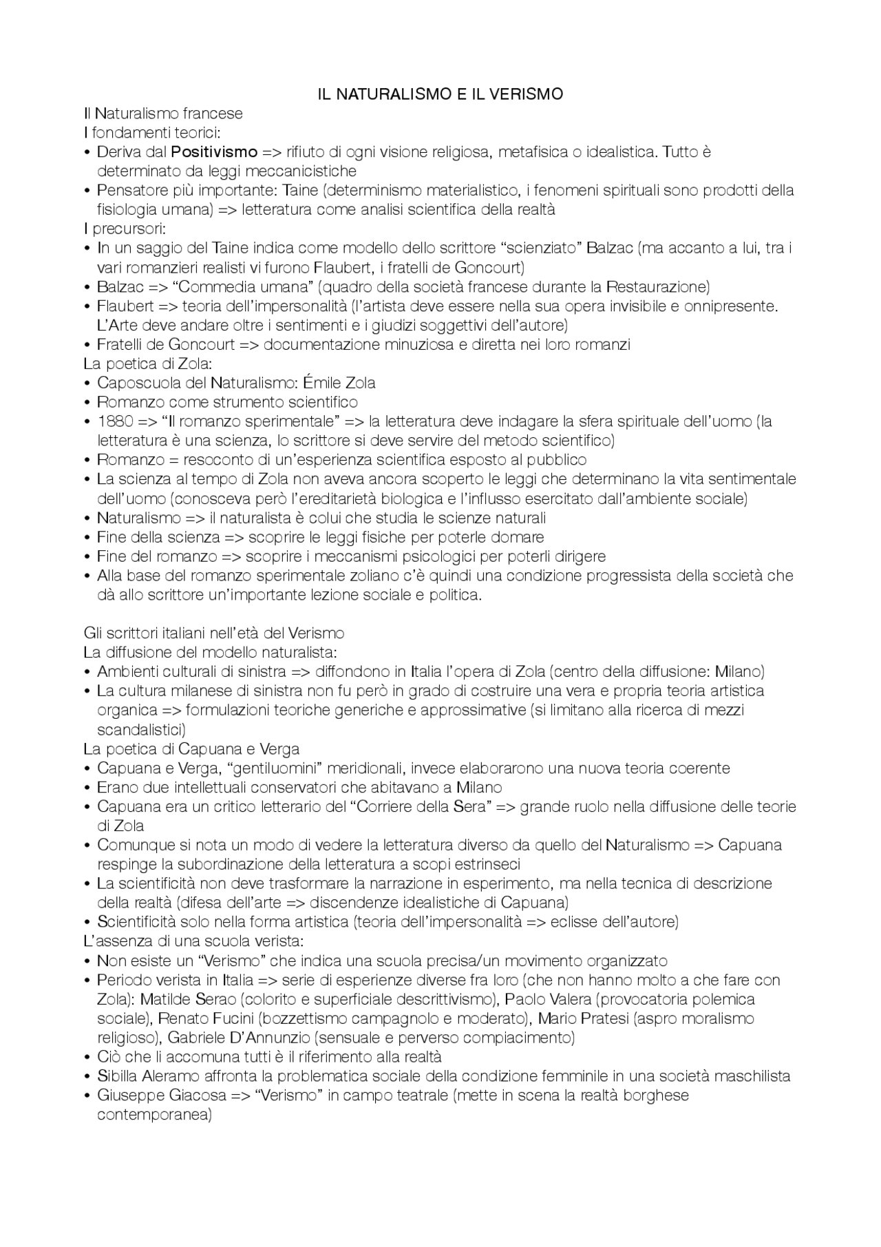 Il Naturalismo e il Verismo | Schemi e mappe concettuali di Italiano | Docsity