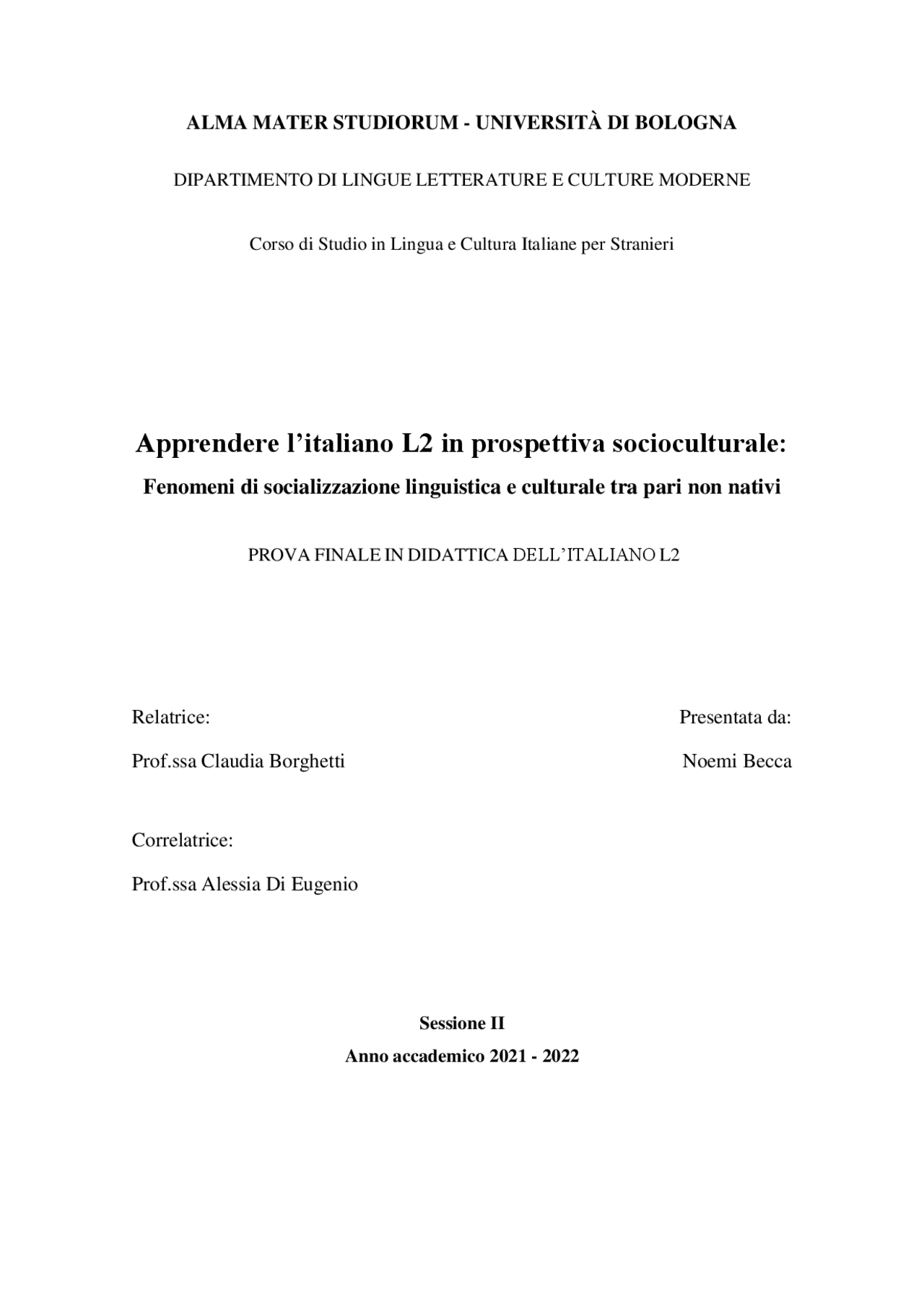 Tesi di Laurea magistrale in Didattica dell'italiano L2 | Tesi di ...