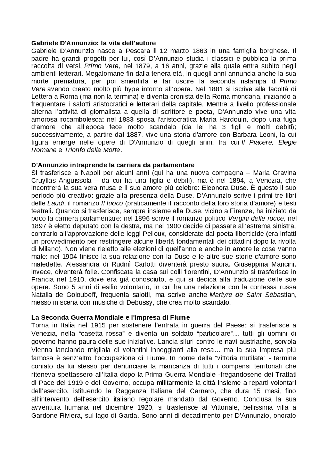 Gabriele Dannunzio Riassunto Breve Appunti Di Italiano Docsity
