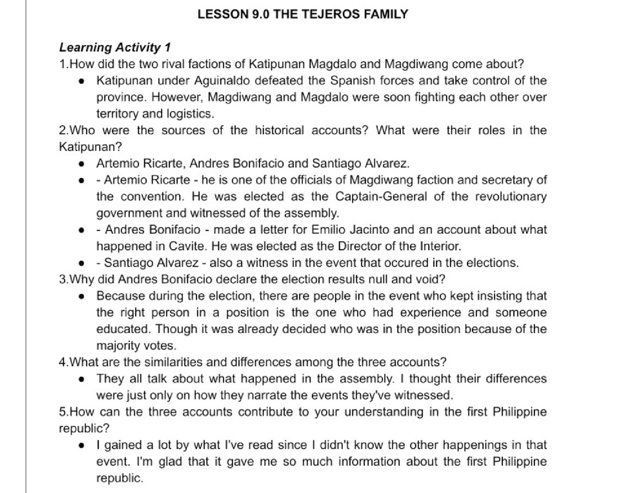 Tejeros family Activity | Exercises History | Docsity