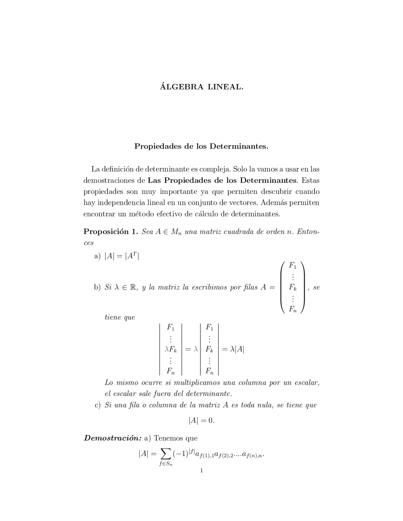 ´algebra Lineal Propiedades De Los Determinantes La