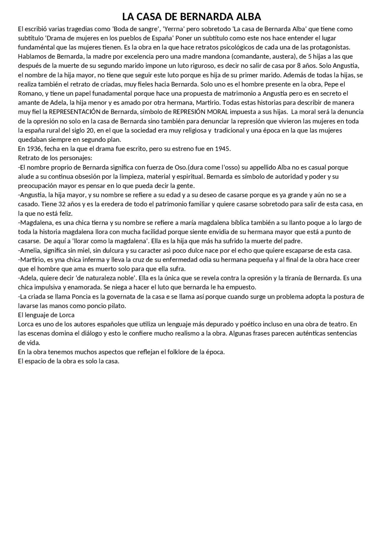La casa de bernarda alba | Sintesi del corso di Spagnolo | Docsity
