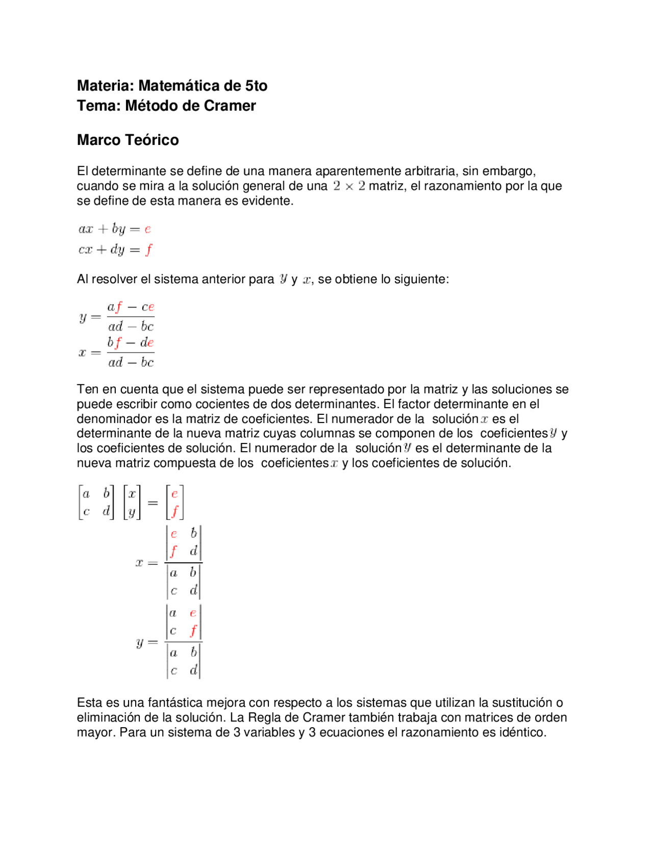 Matemática de 5to Tema: Método de Cramer Marco Teórico | Esquemas y ...
