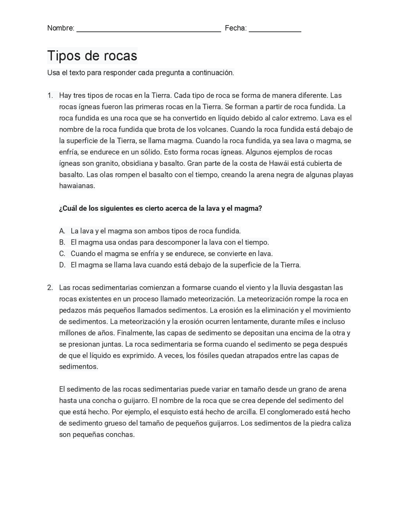 Tipos De Rocas Apuntes De Materiales Docsity