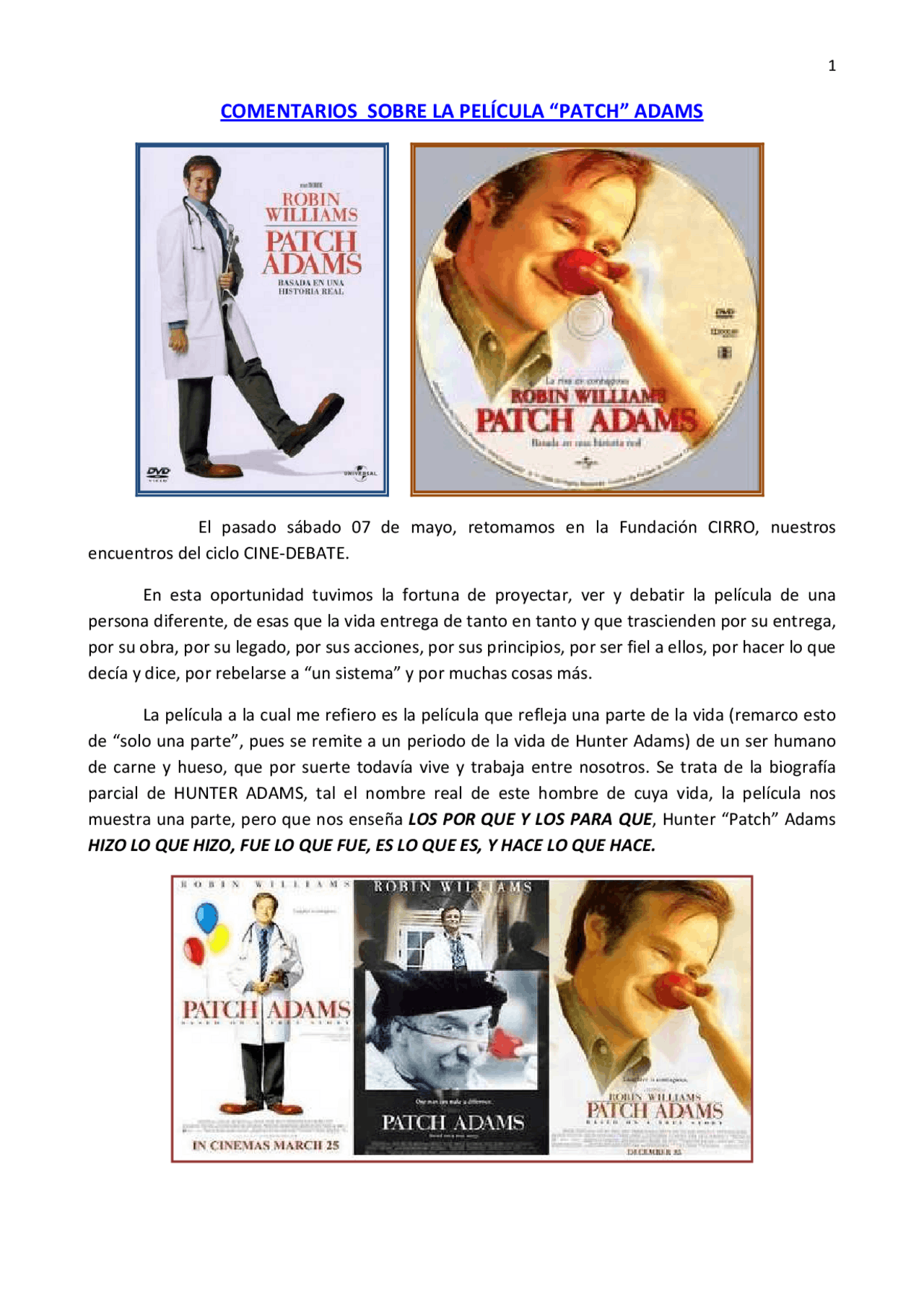 Comentarios Sobre La Pelicula Patch Adams Notes De Histoire Docsity