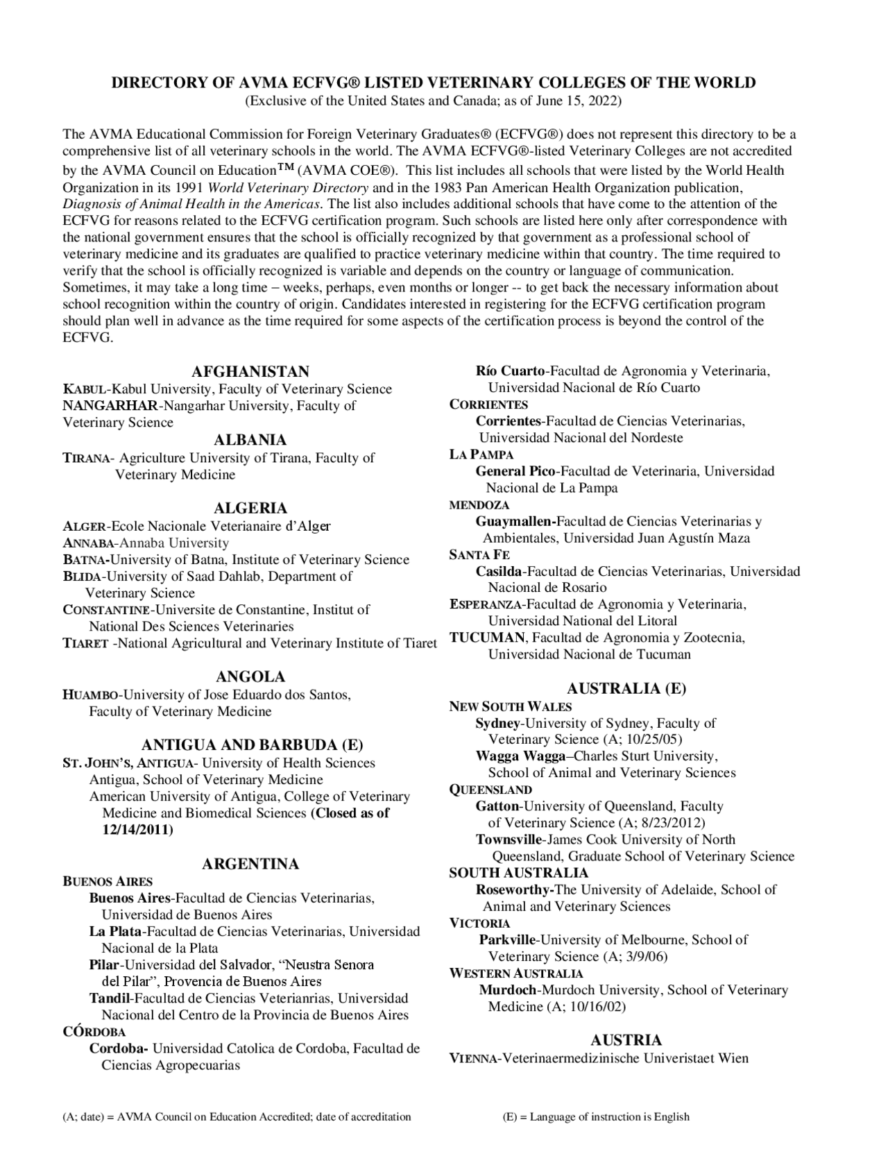 Directory of avma ecfvg® listed veterinary colleges of the world ...