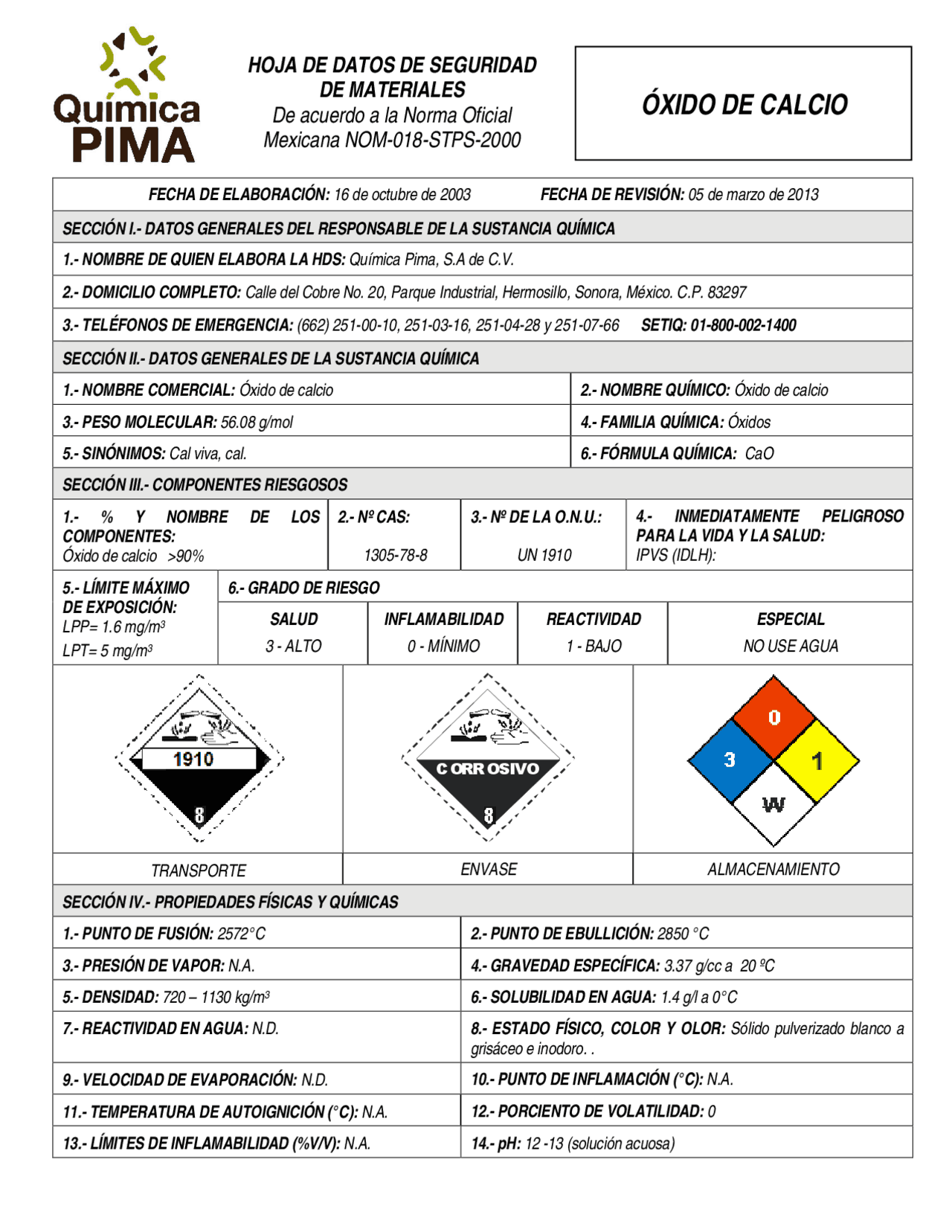 ÓXIDO DE CALCIO | Apuntes de Química | Docsity