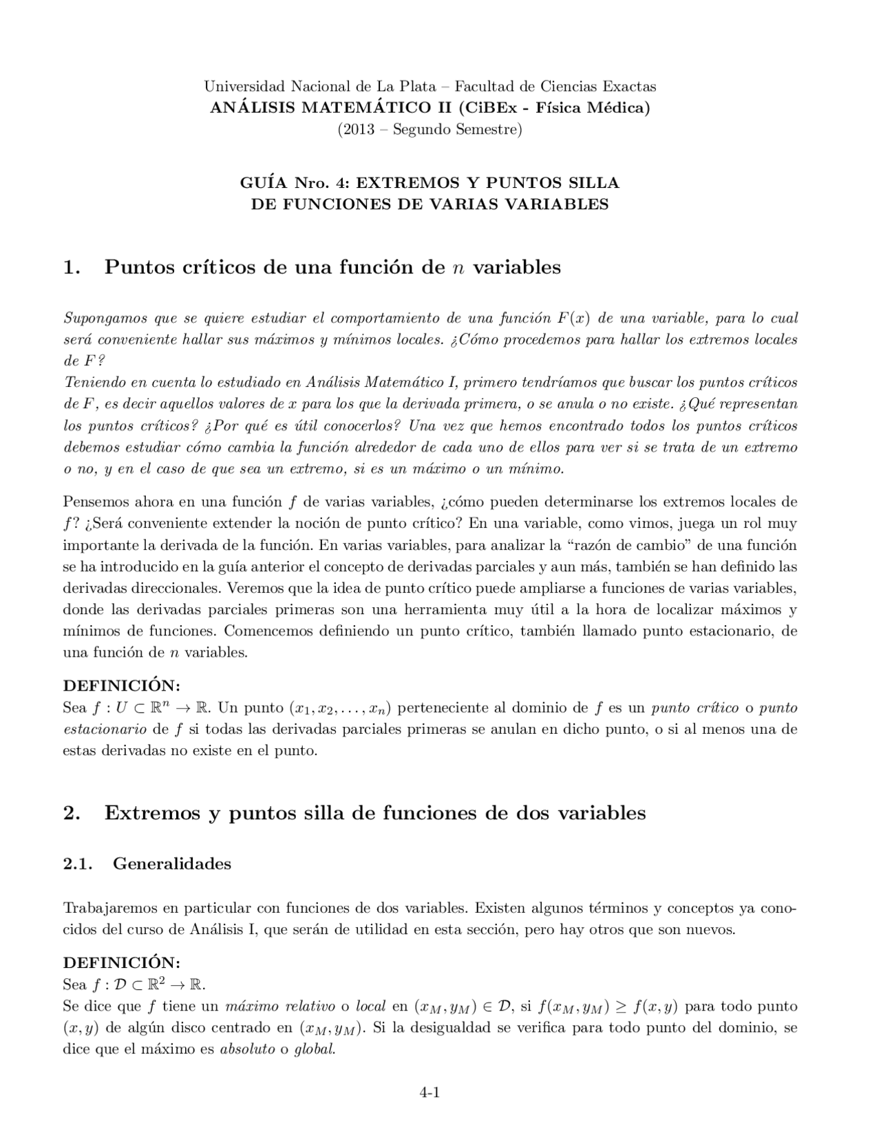 1 Puntos Cr´ıticos De Una Función De N Variables 2 Extremos Y