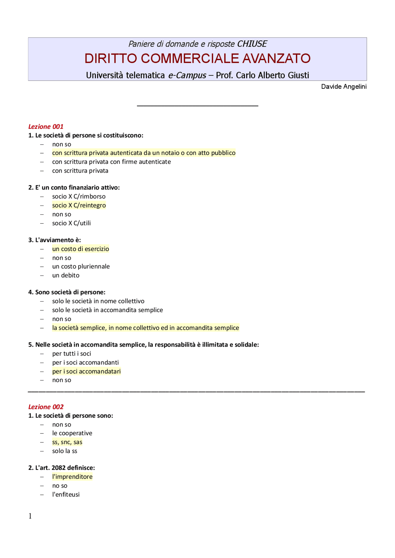Paniere domande e risposte CHIUSE - Diritto Commerciale avanzato - eCampus (Prof. Giusti ...