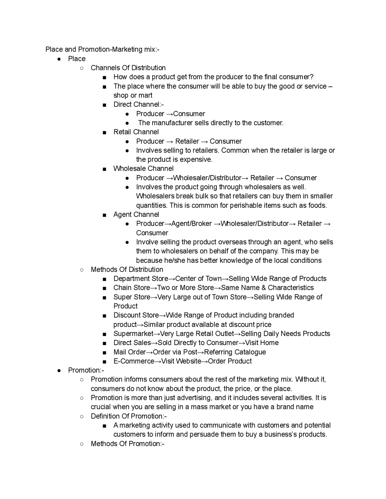 Marketing Mix-Place & Promotion | Study notes Business | Docsity