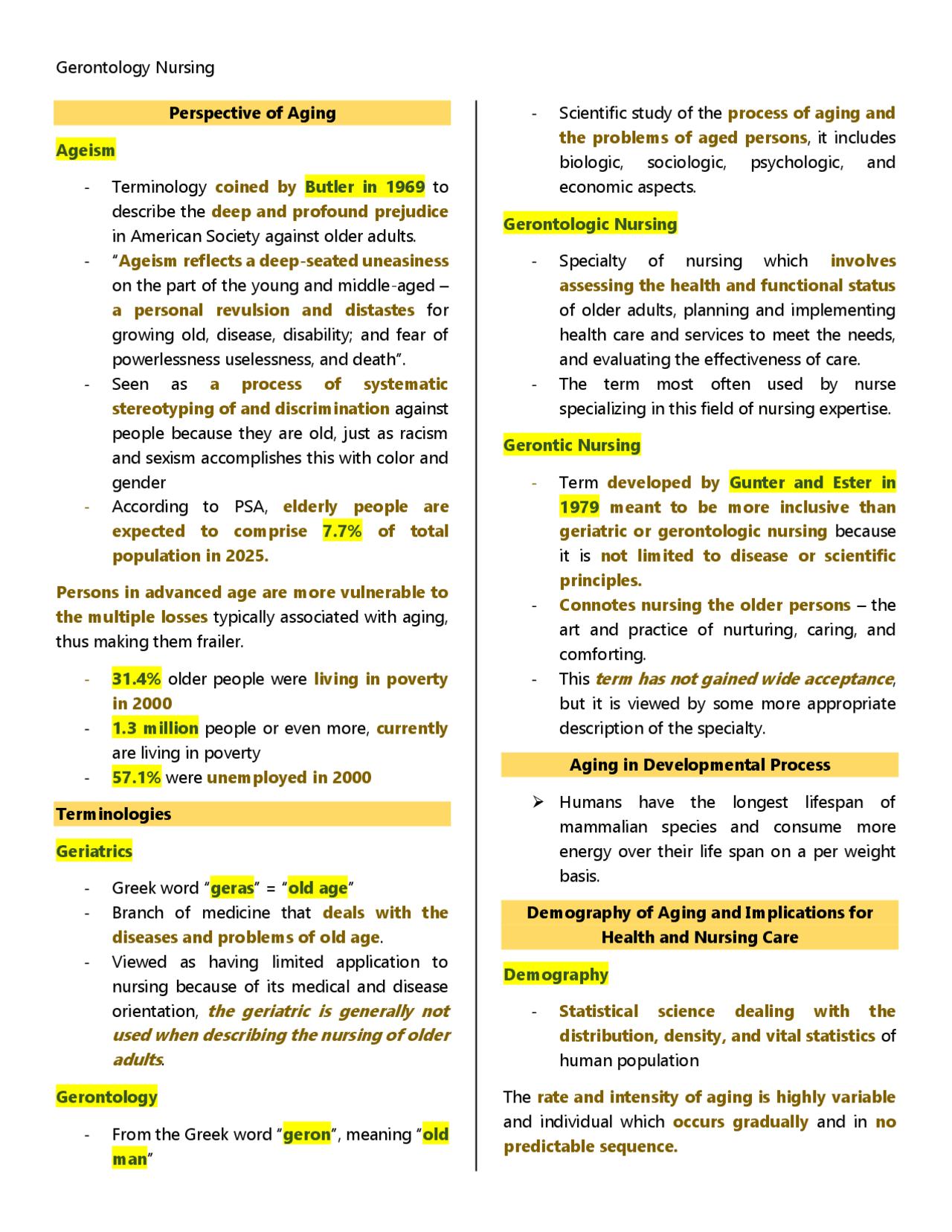 Reviewer for Gerontology Nursing | Lecture notes Gerontology | Docsity