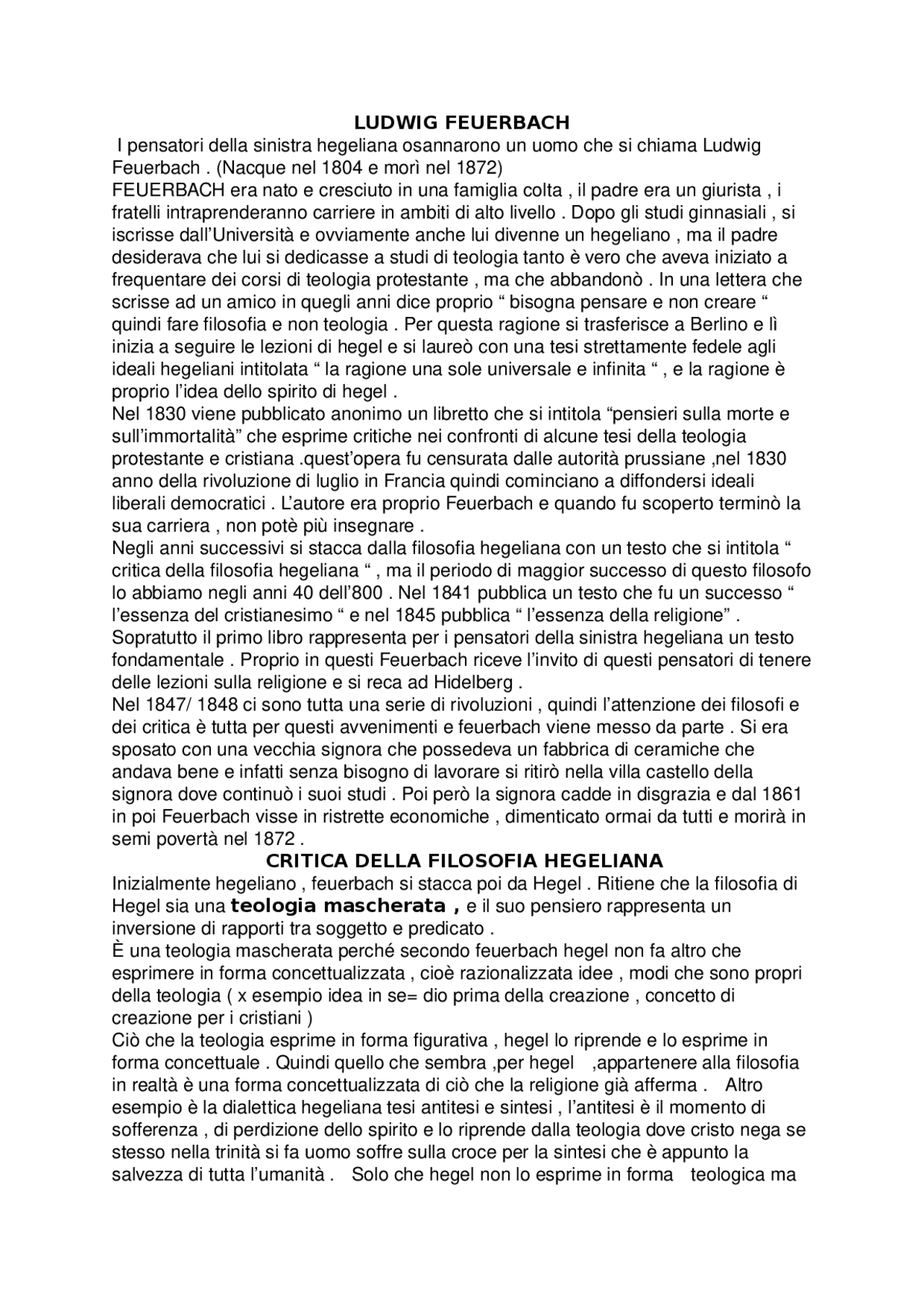 Feuerbach Riassunto Liceo 5 Anno Appunti Di Filosofia Docsity