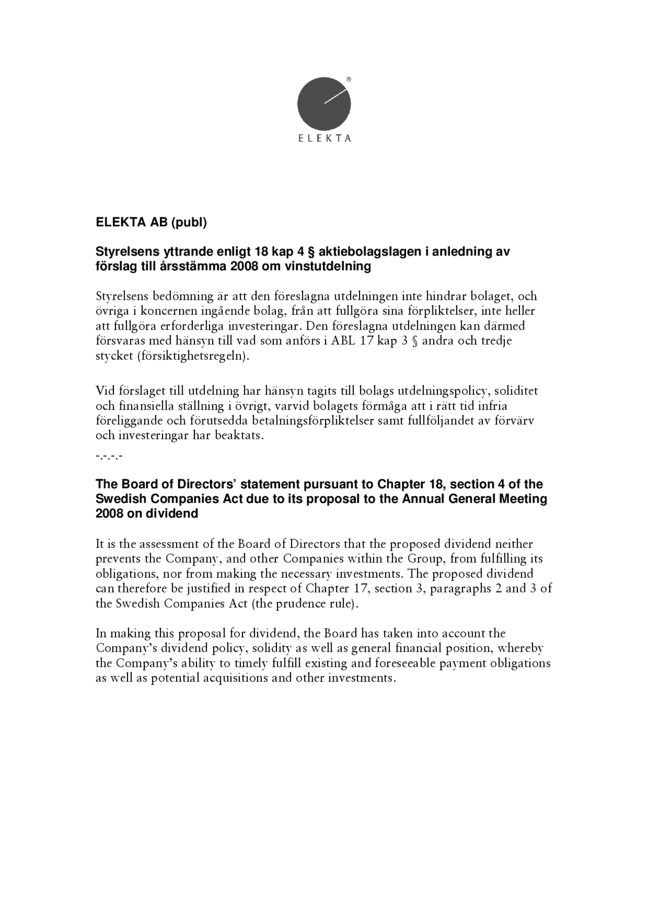 ELEKTA AB (publ) Styrelsens yttrande enligt 18 kap 4 ... | Study notes ...