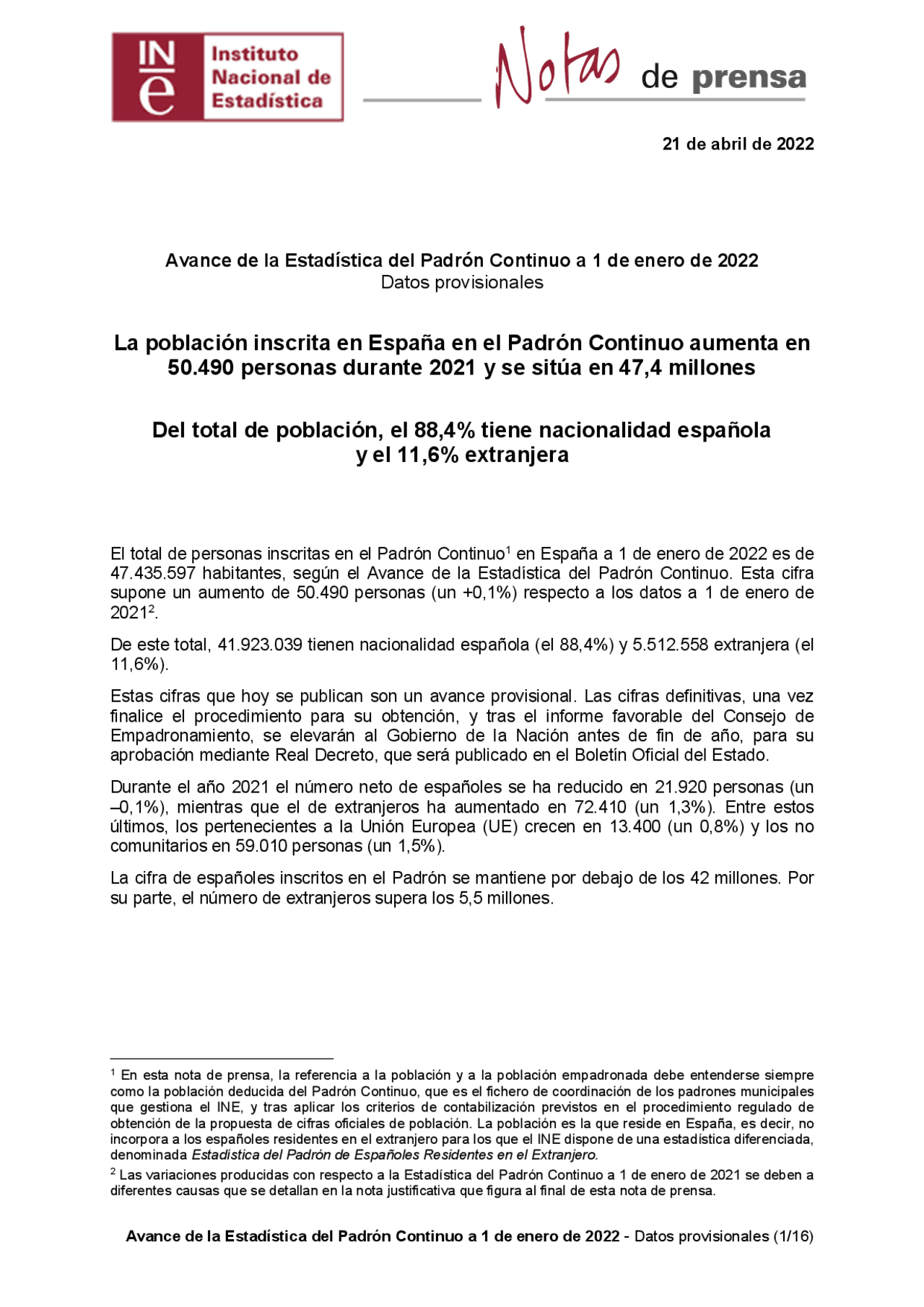 Estadística Padrón Continuo España: Datos población inscrita en enero ...