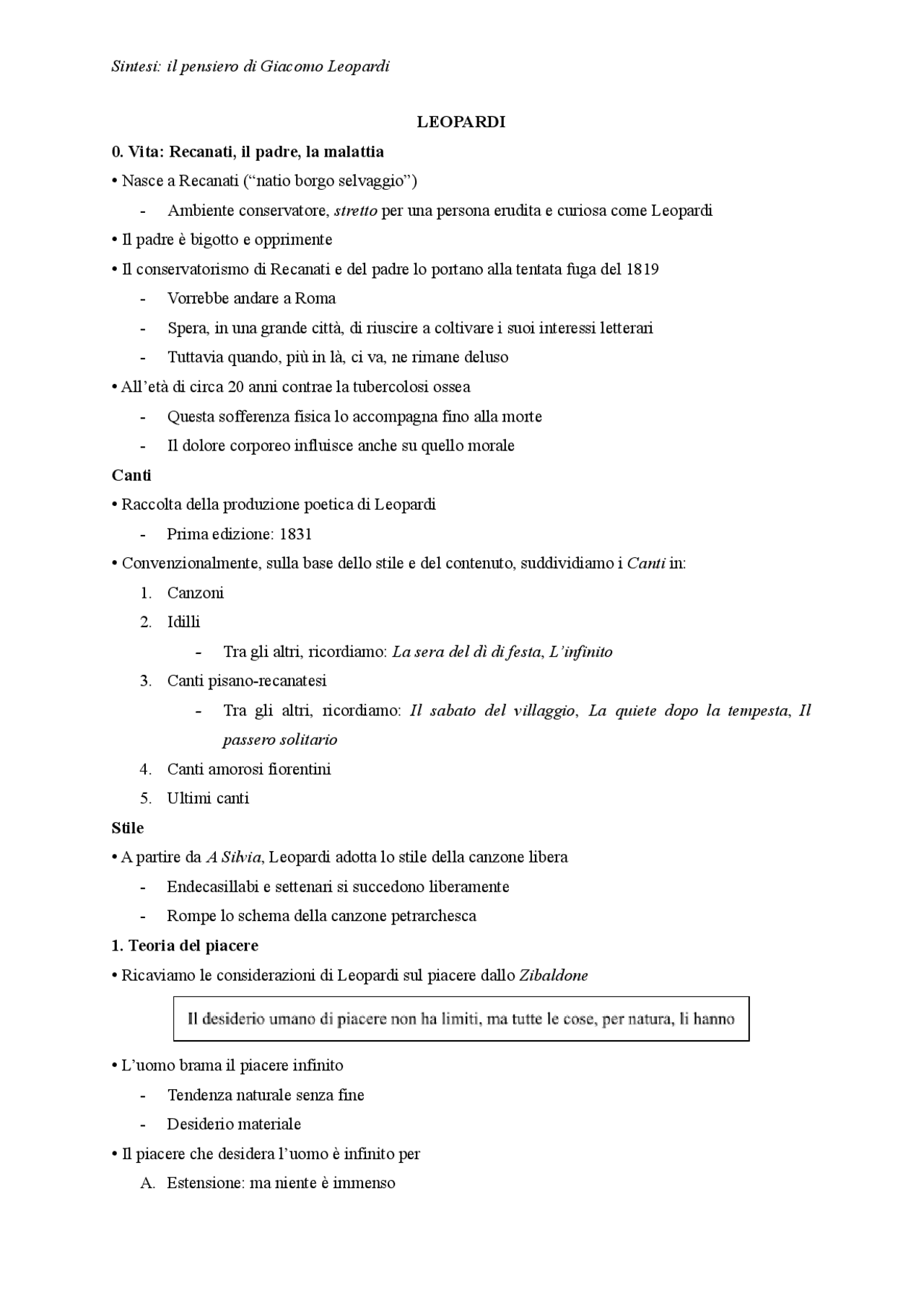 LEOPARDI IN 3 PAGINE | Sintesi del corso di Italiano | Docsity