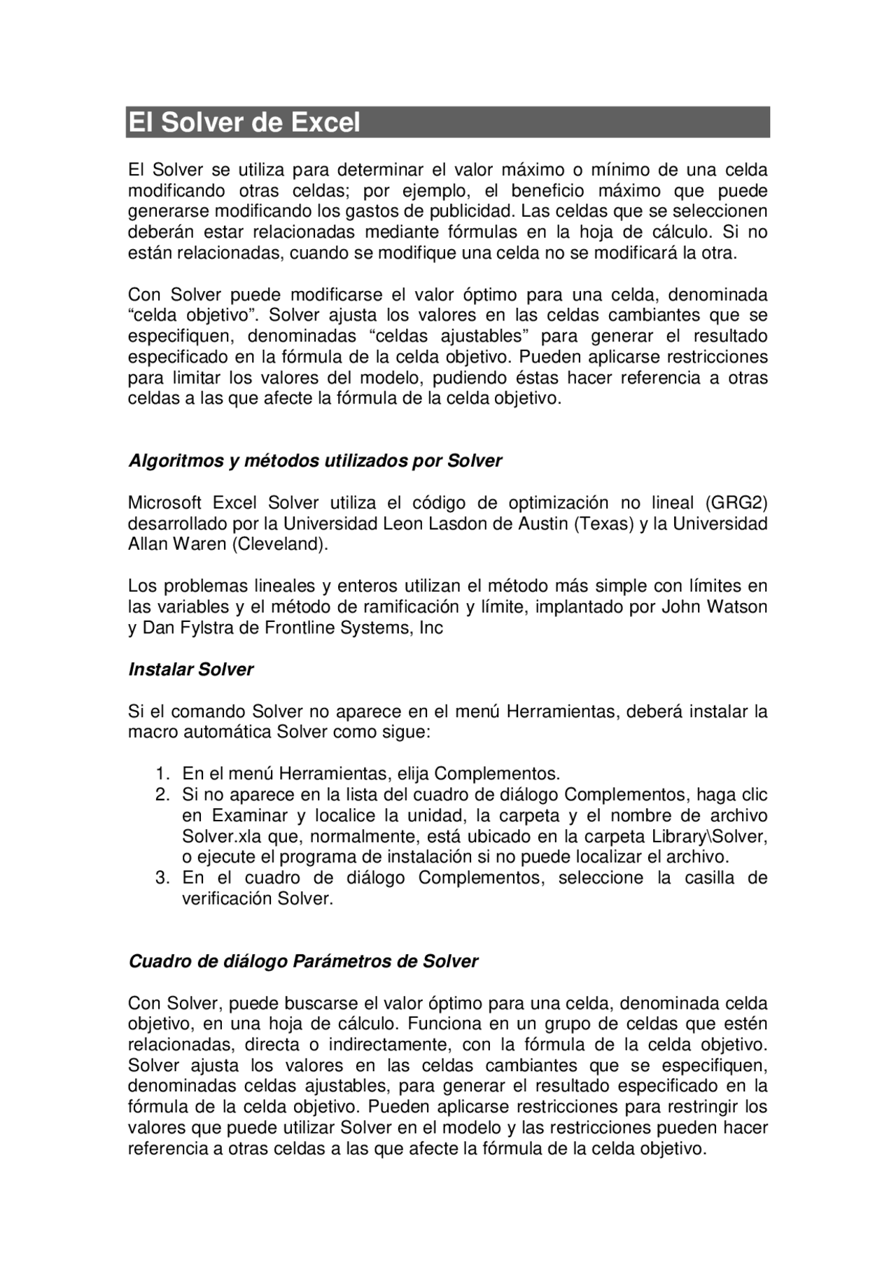 El Solver De Excel Monografías Ensayos De Cálculo Docsity