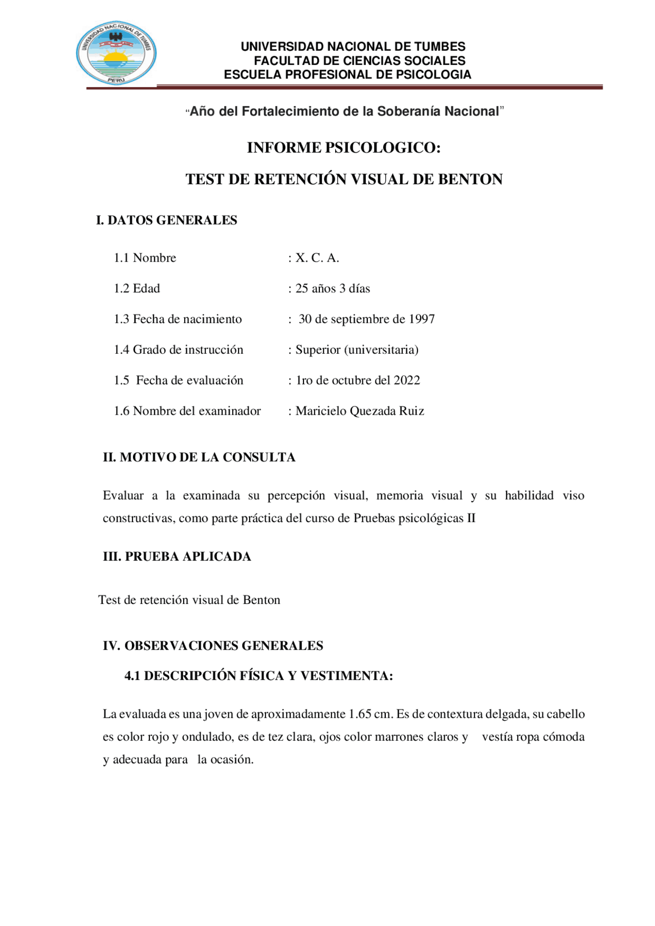 Informe psicológico del test de Benton | Apuntes de Psicología | Docsity