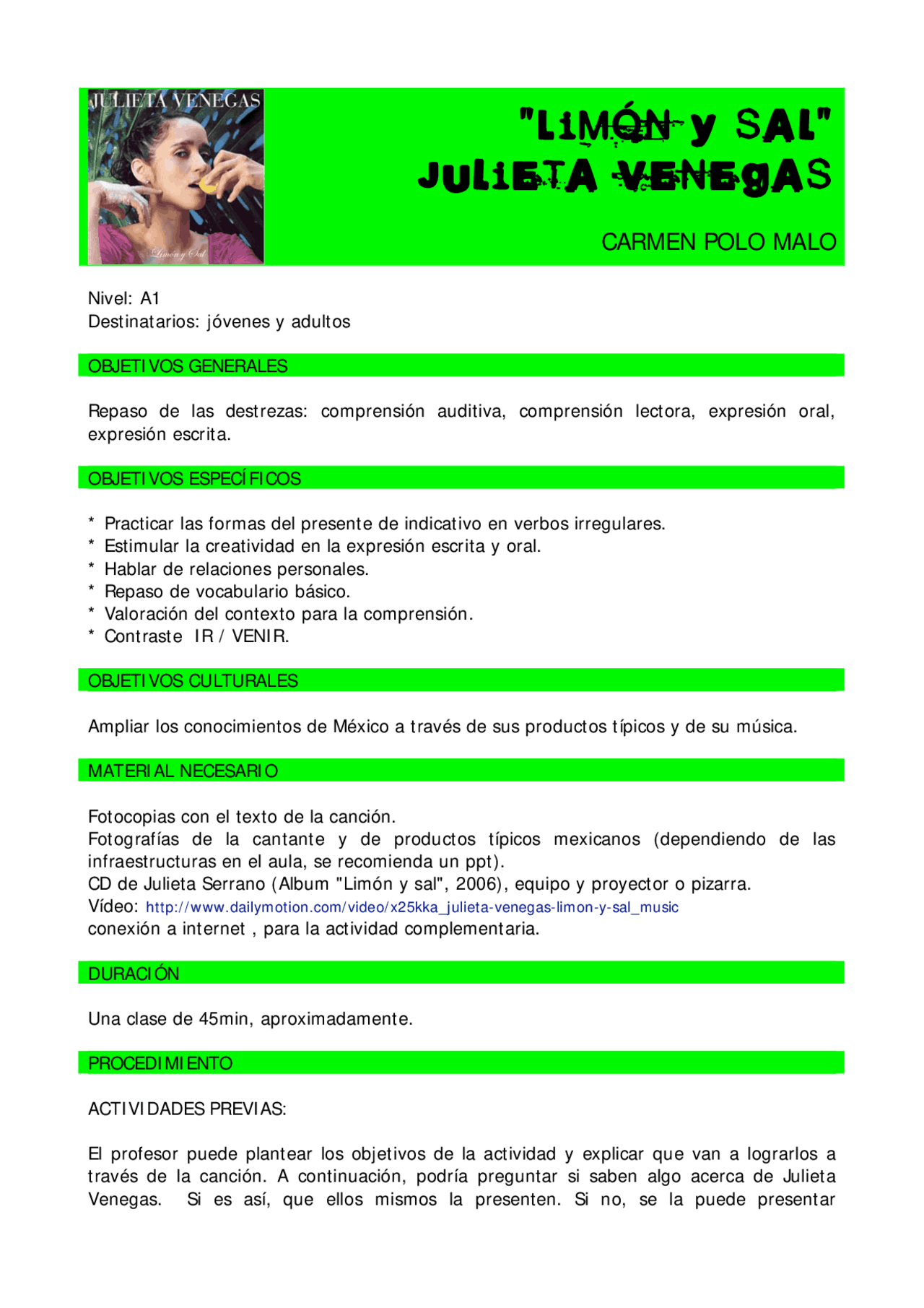 "LIMÓN Y SAL", DE JULIETA VENEGAS | Ejercicios de Música | Docsity
