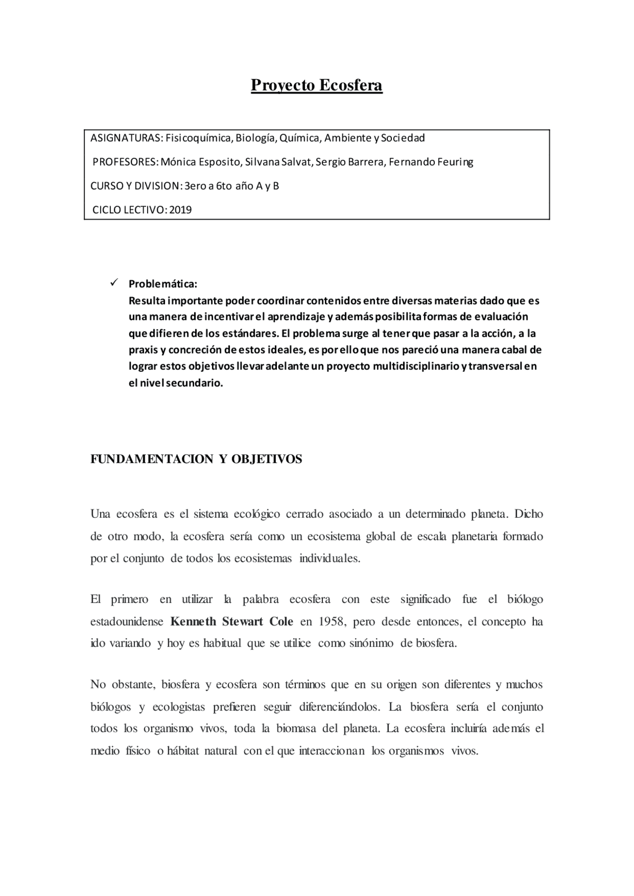 Proyecto Ecosfera Monografías Ensayos De Química Docsity