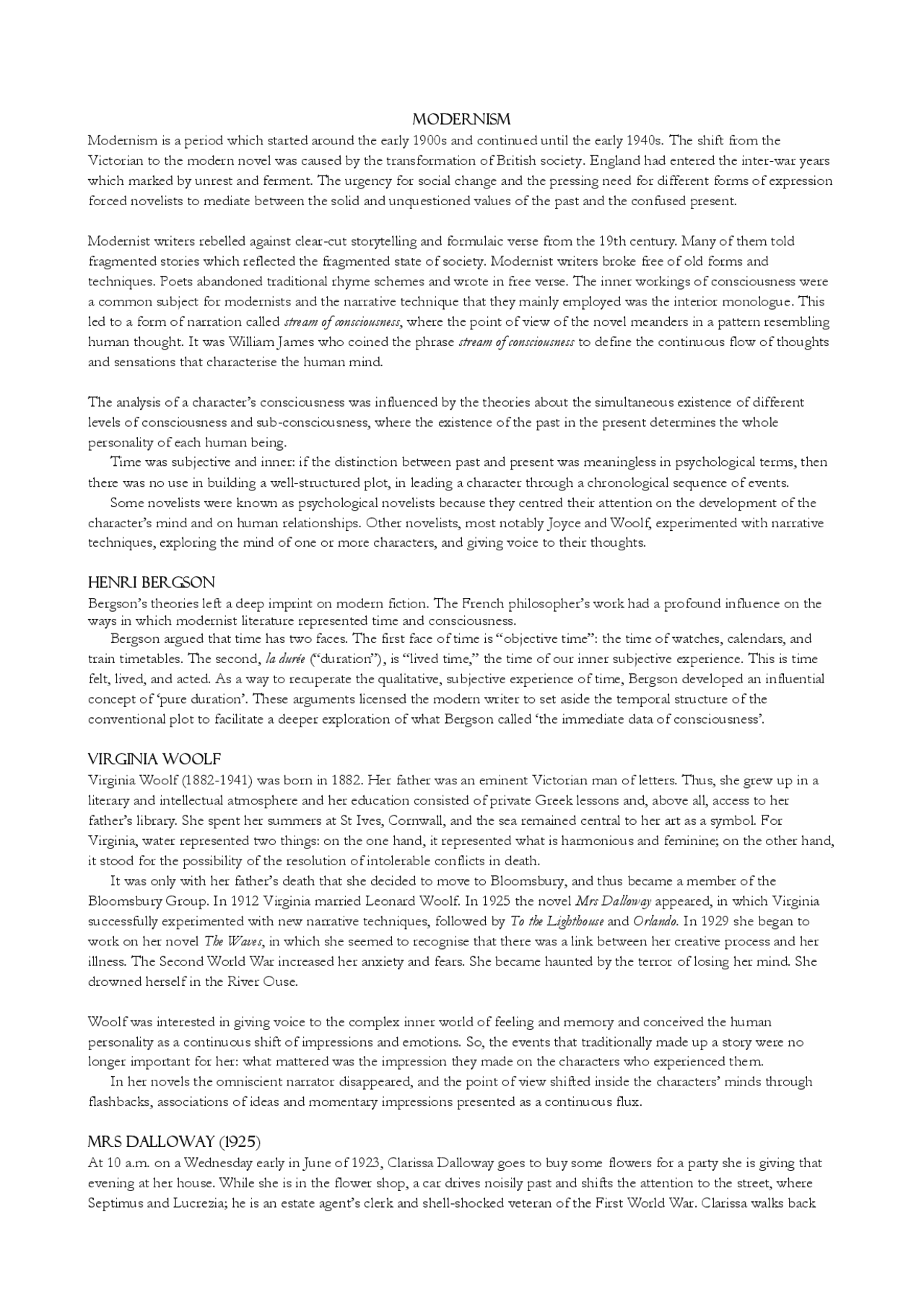 Modernismo (joyce, woolf, Yeats, Bergson, Elliot, Mansfield) | Appunti ...