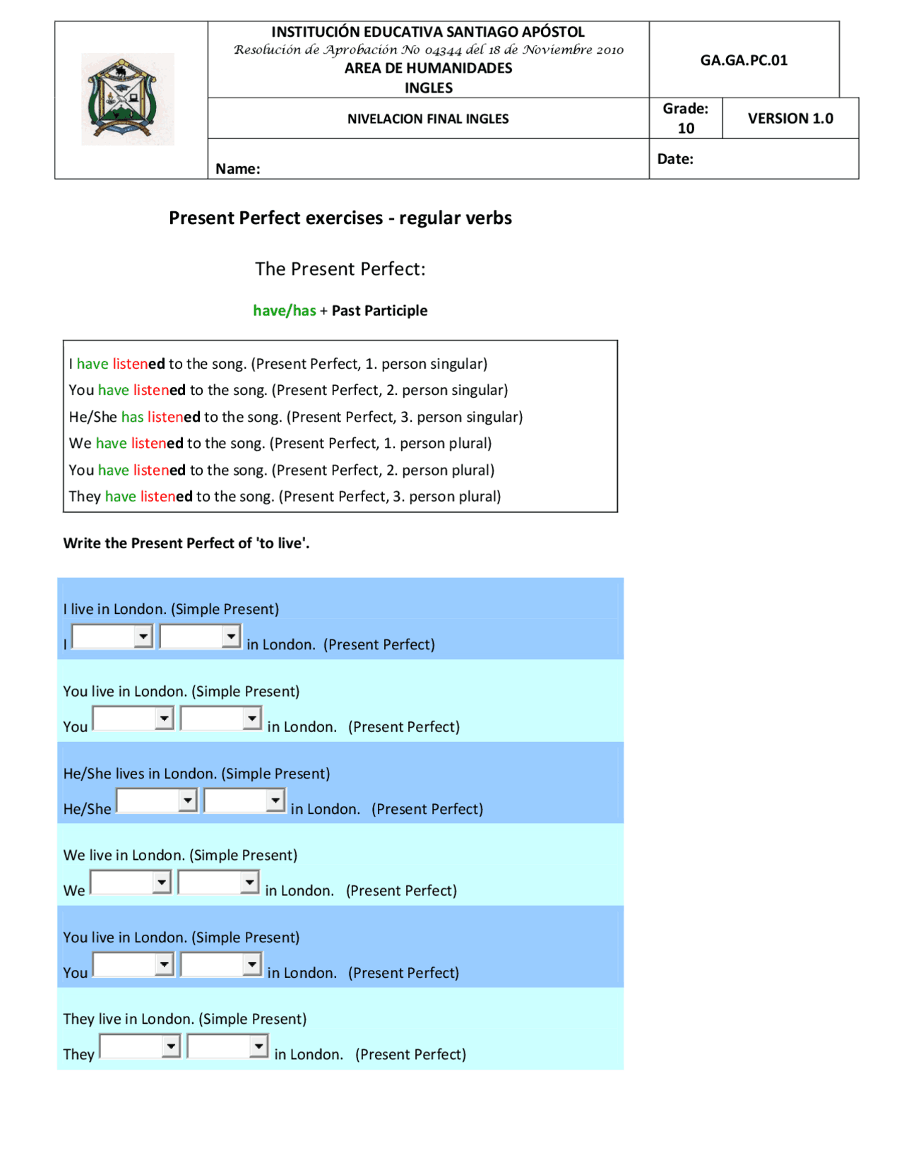 Present Perfect exercises - regular verbs | Apuntes de Inglés | Docsity