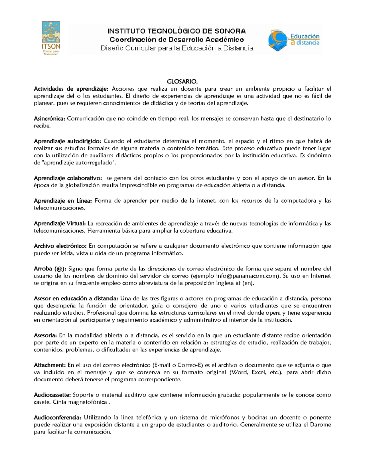 GLOSARIO. Actividades de aprendizaje: Acciones que realiza ... | Resúmenes de Materiales | Docsity