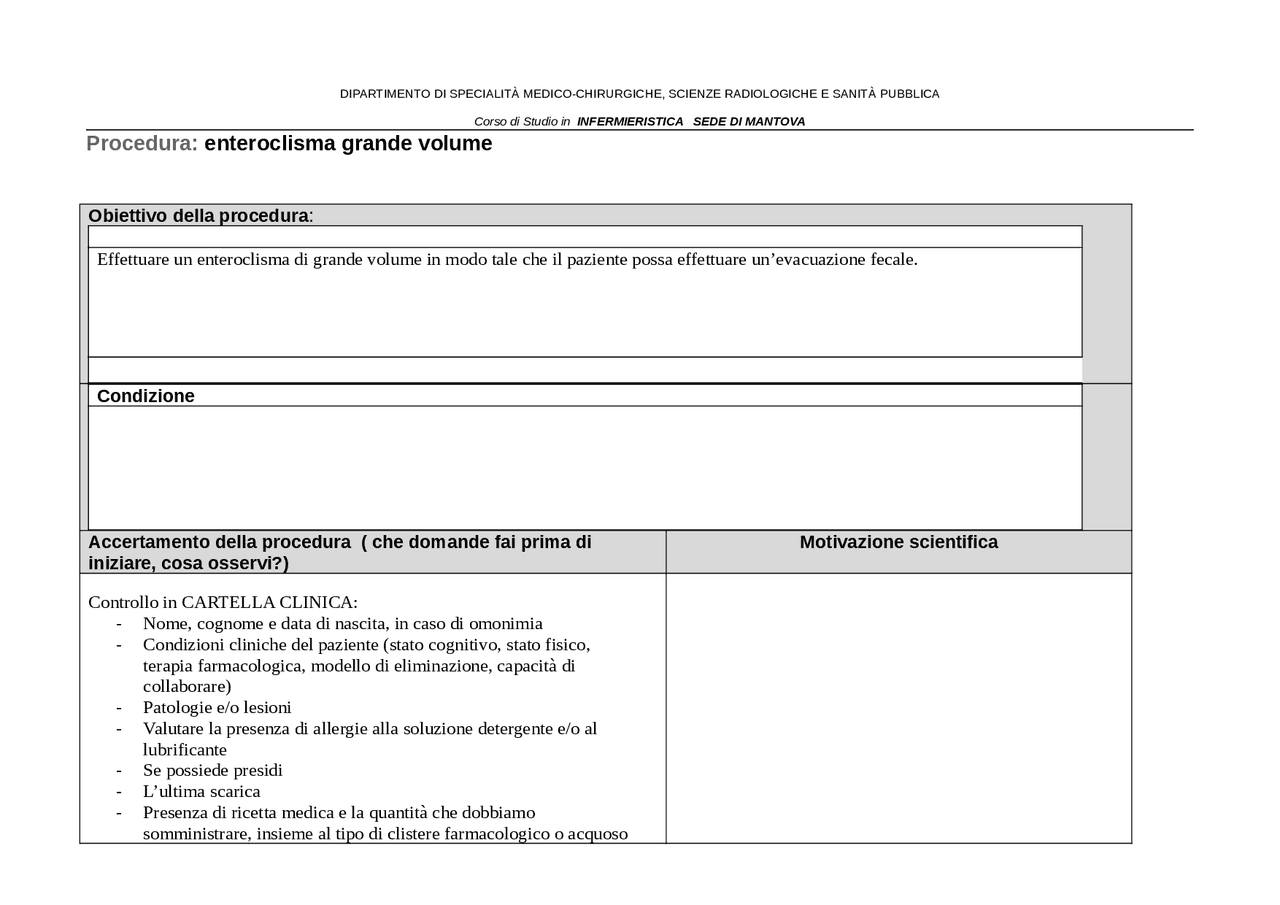 Procedura Clistere Grande Volume 1anno Prove Desame Di