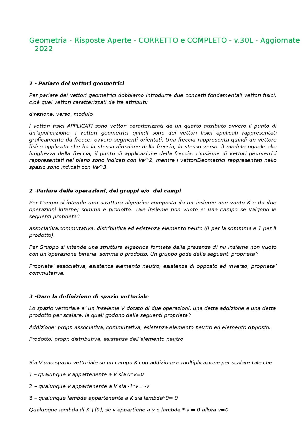 Geometria Risposte Aperte Corretto E Completo V30l Aggiornate