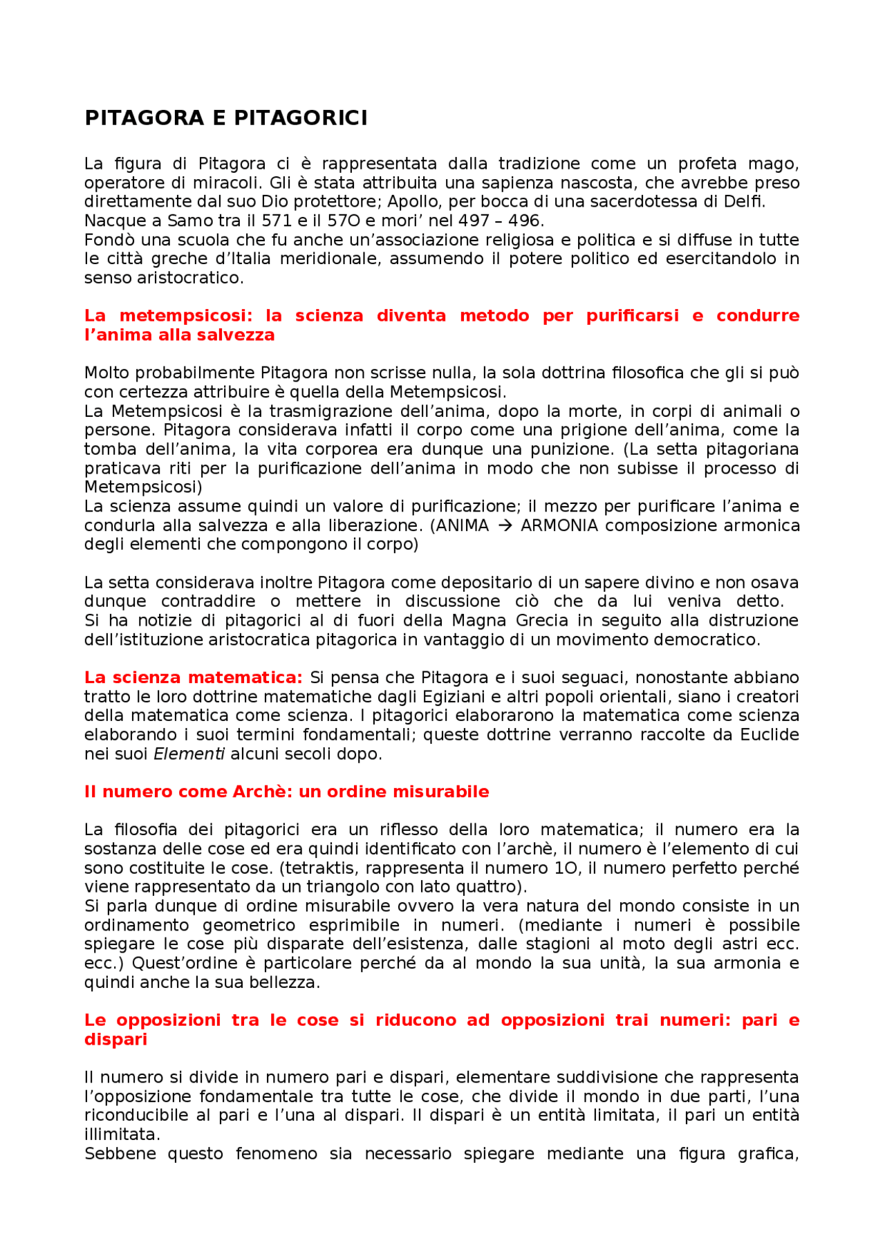 Pitagora E I Pitagorici Schemi E Mappe Concettuali Di Filosofia Docsity