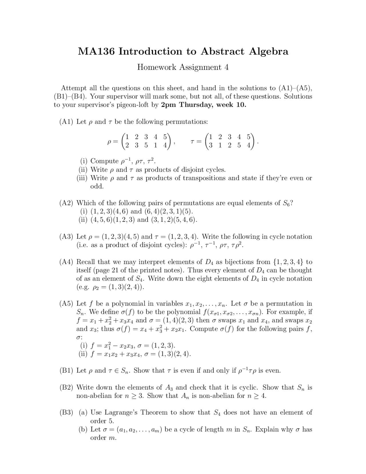 MA136 Introduction to Abstract Algebra | Study notes Abstract Algebra ...