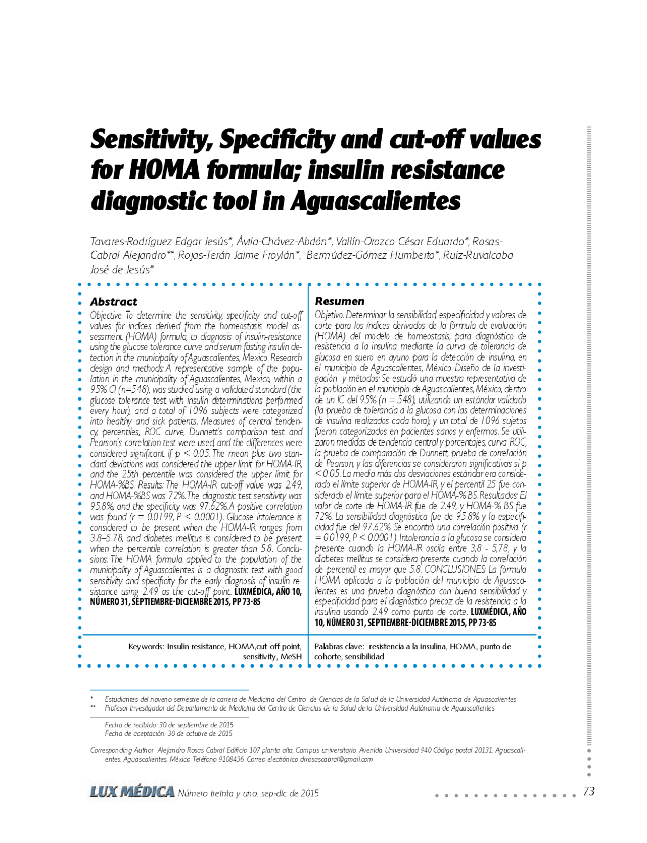 Sensitivity, Specificity and cut-off values for HOMA formula | Exámenes ...