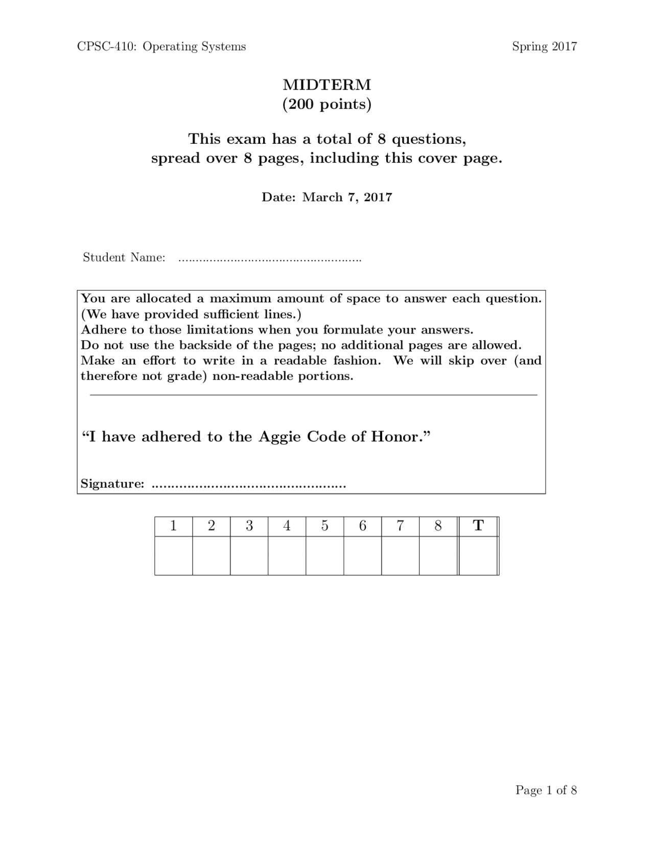 Midterm Exam Of The Year 2017 Exams Operating Systems Docsity