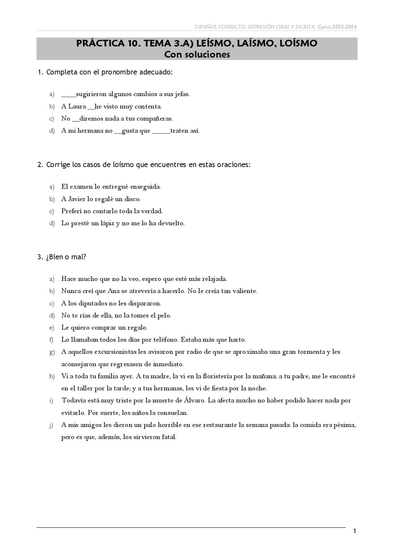 PRÁCTICA 10. TEMA 3.A) LEÍSMO, LAÍSMO, LOÍSMO Con ... | Ejercicios de ...