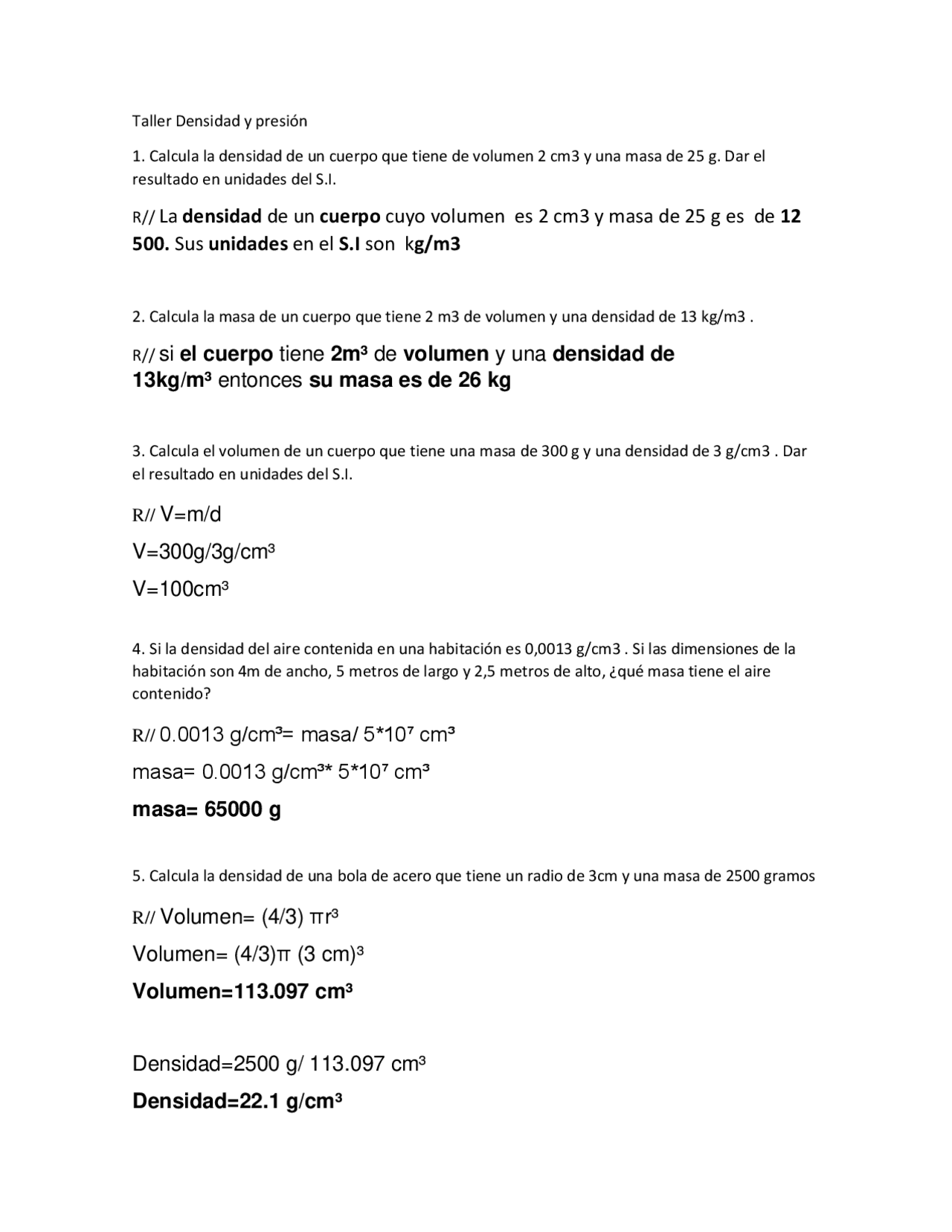 Taller de densidad y presión | Ejercicios de Física | Docsity