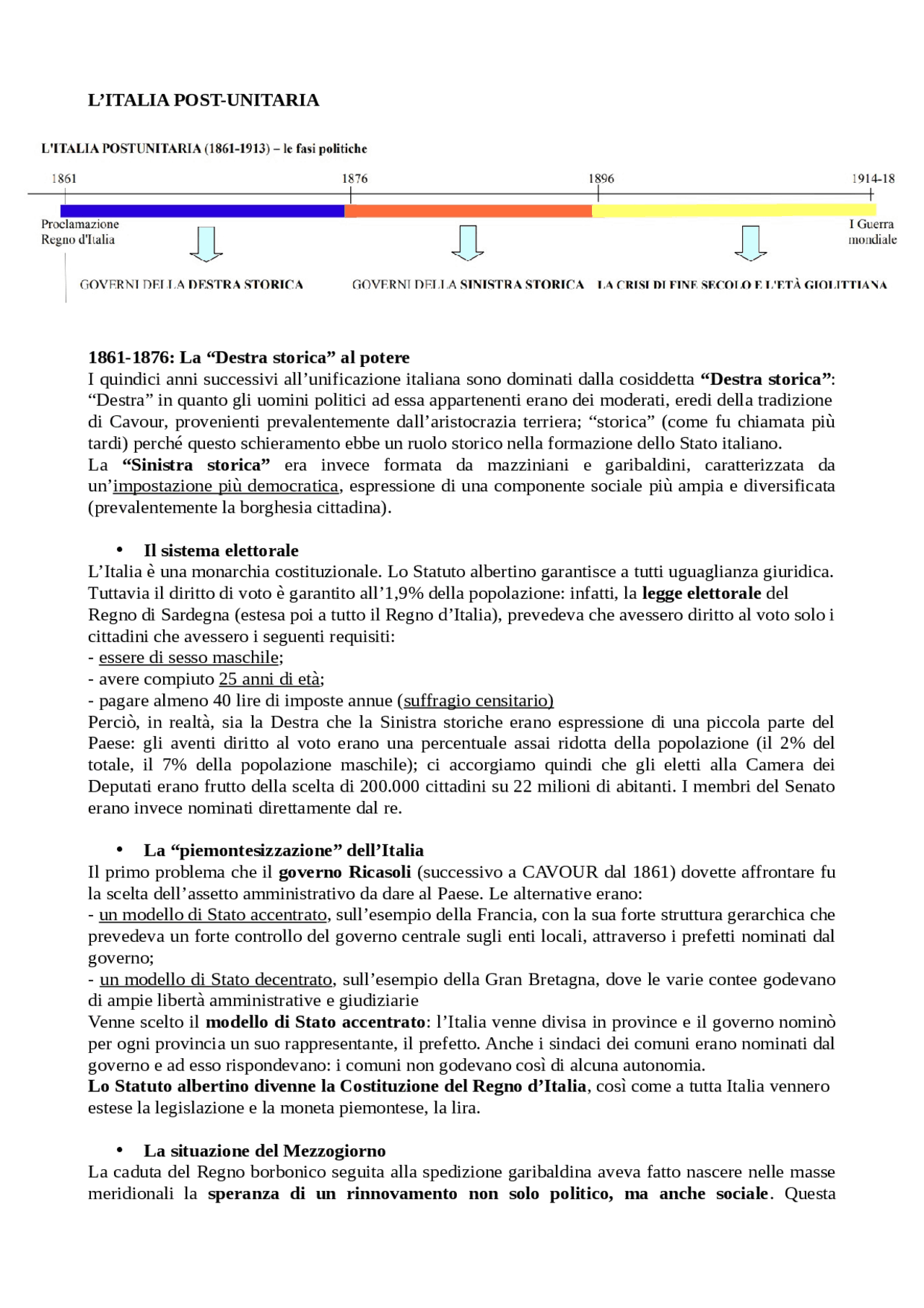 Italia post-unitaria: destra e sinistra storica | Appunti di Storia | Docsity