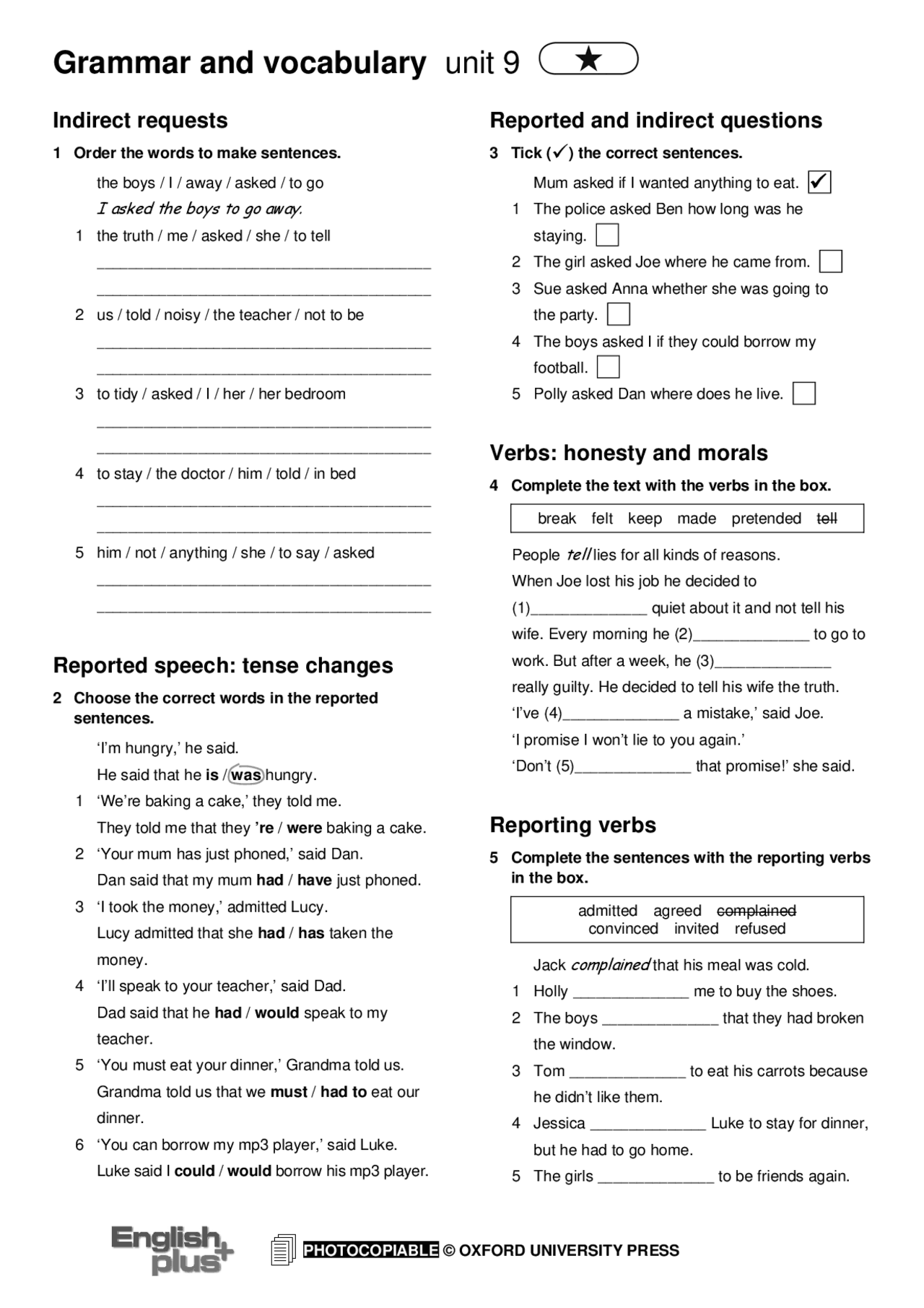 Grammar and Vocabulary Unit 9: Indirect Requests and Reported Speech | Ejercicios de Inglés ...