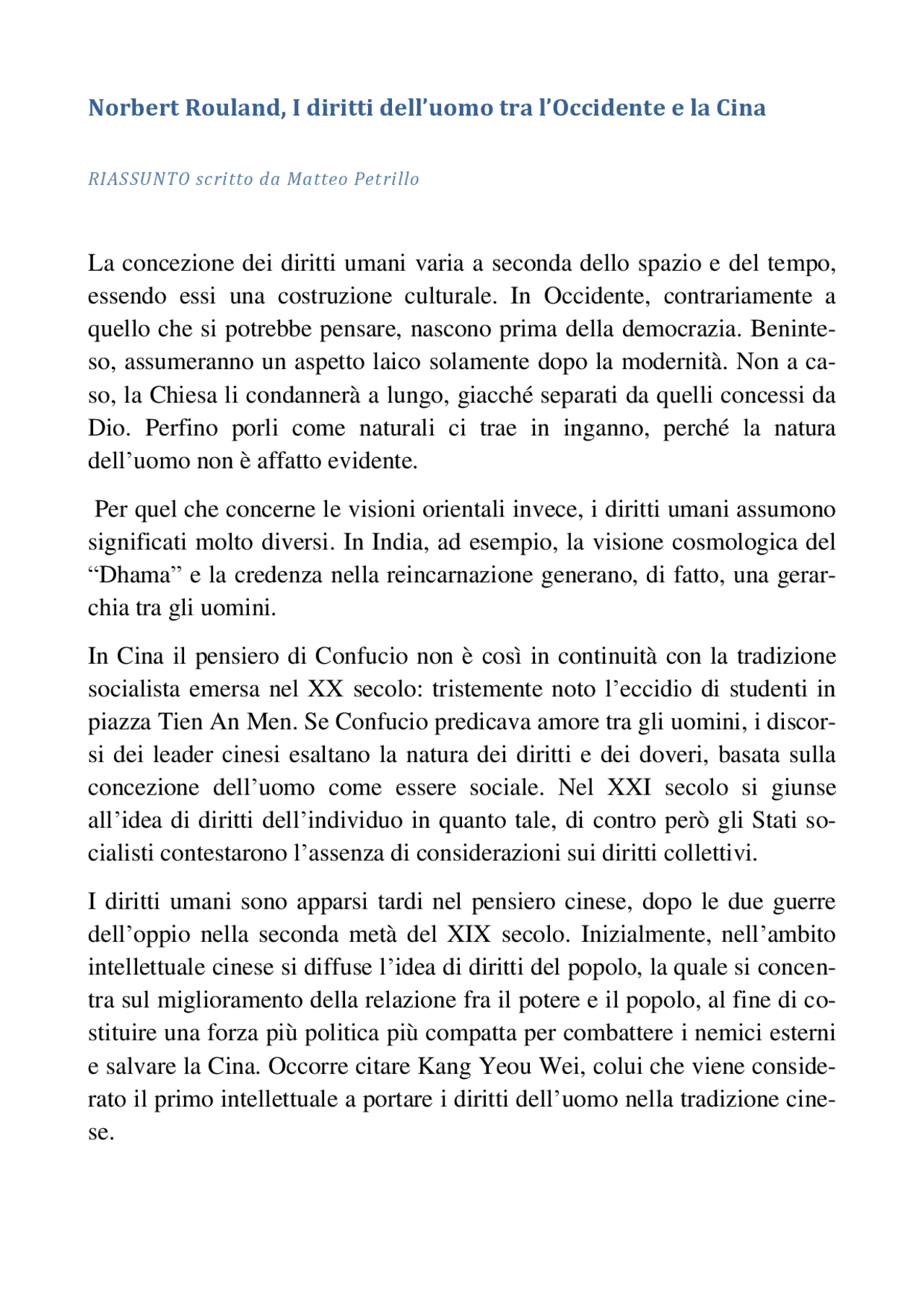 RIASSUNTO Norbert Rouland, I diritti dell'uomo tra l'Occidente e la ...
