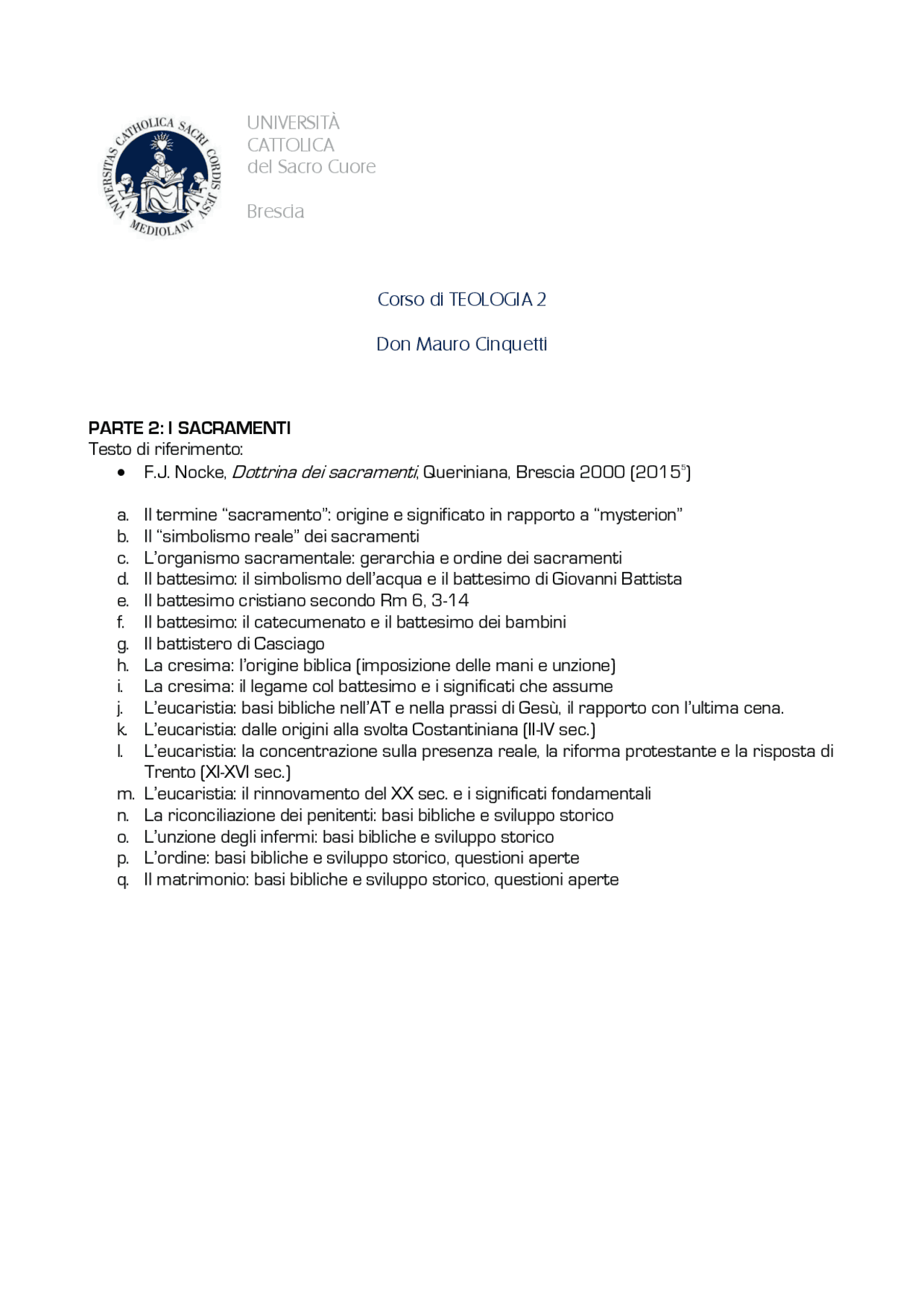 Domande Parte Sacramenti Sintesi Del Corso Di Teologia Ii Docsity