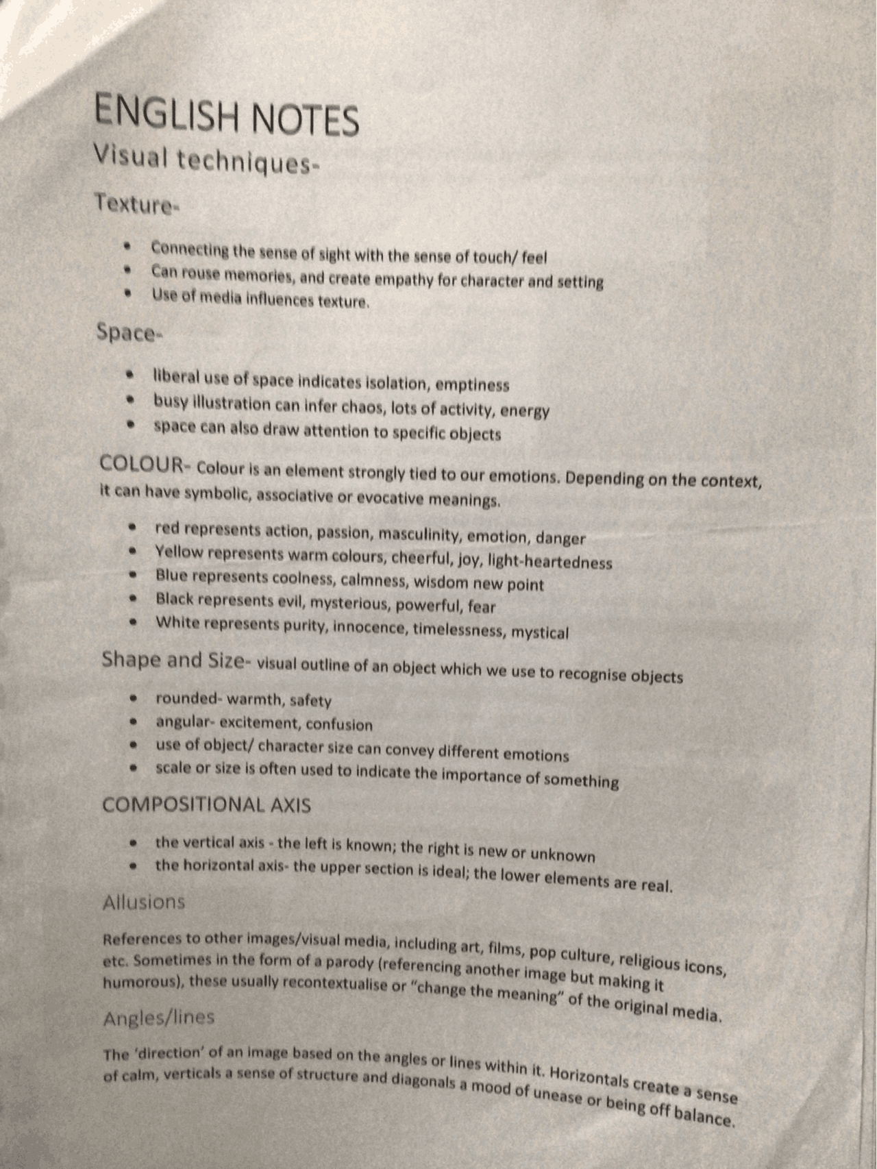 Visual Techniques In English Study Notes English Docsity