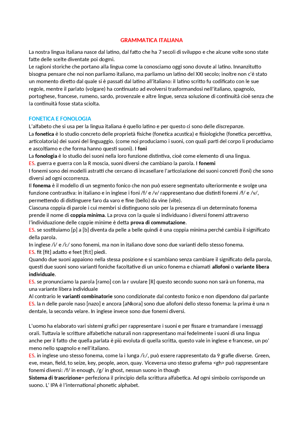 Grammatica Italiana Appunti Di Grammatica E Composizione Docsity