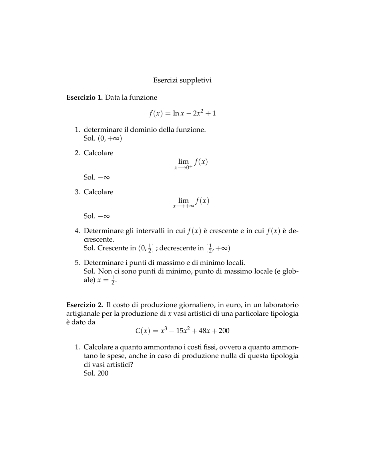 Esercizi In Preparazione Allesame Exercices De Matematica Per L