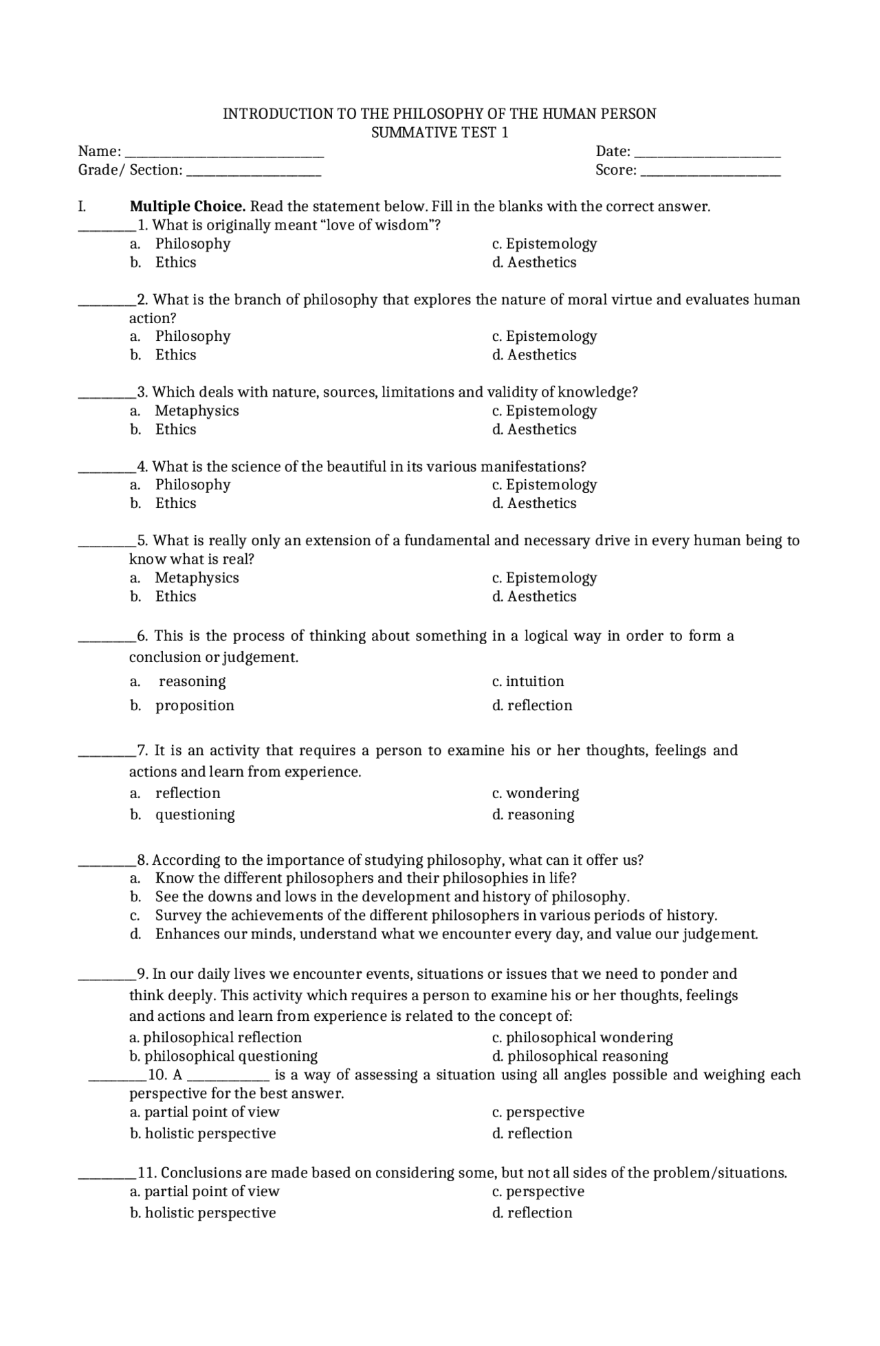 Introduction To The Philosophy Of The Human Person Summative Test 1
